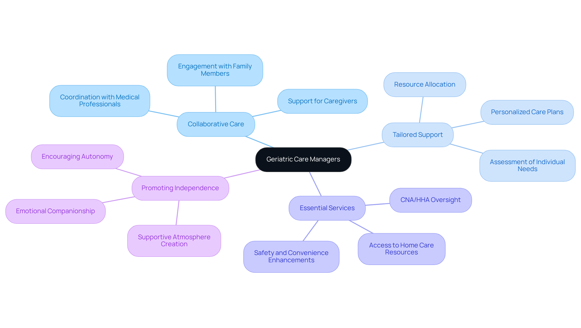The central idea is about Geriatric Care Managers and how they support seniors. Each branch shows a different aspect of their role, helping you see how comprehensive and interconnected their work is.