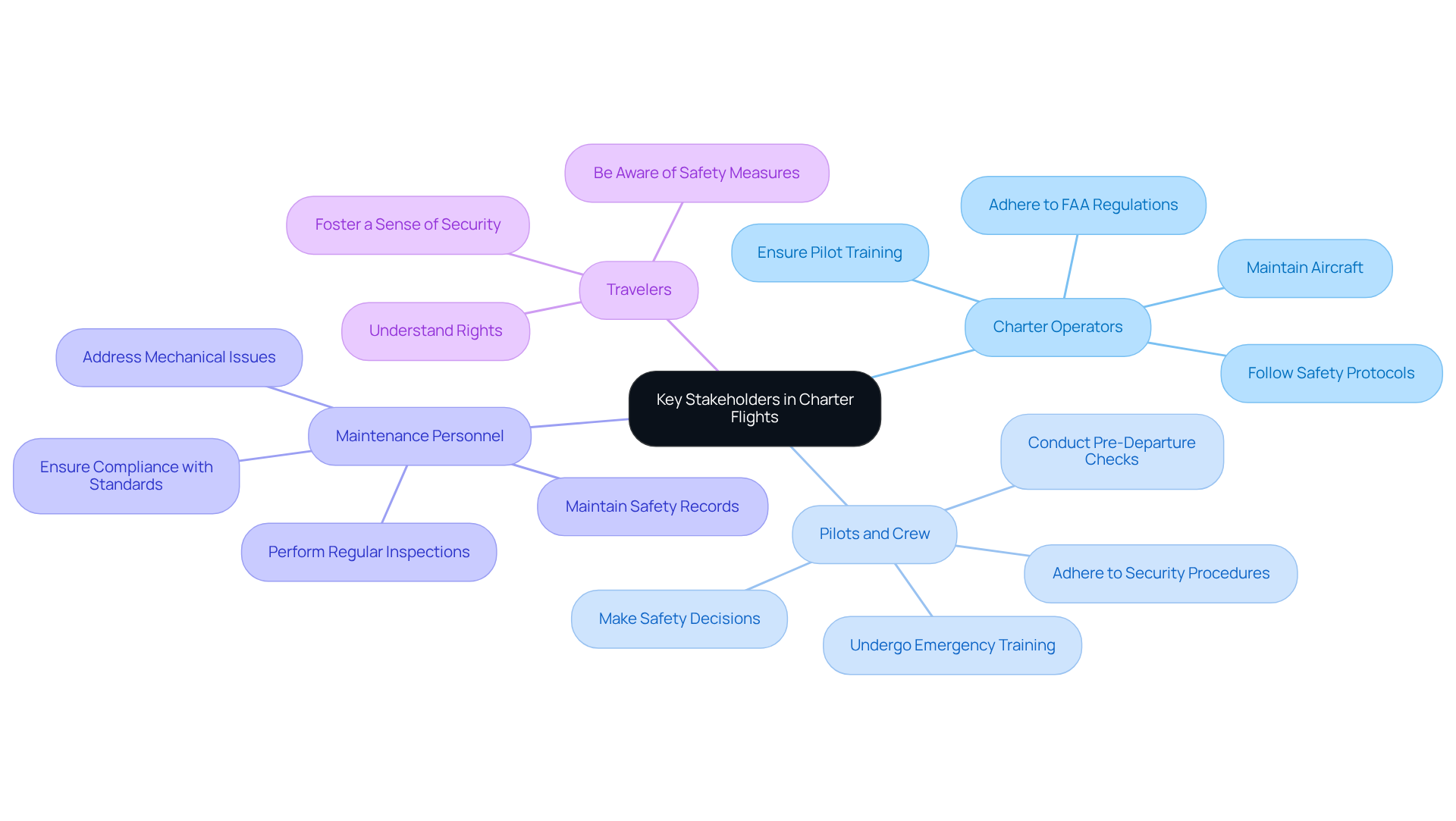 The central node represents the main theme of stakeholders in charter flights. Each branch shows a specific group and their responsibilities, helping you understand who plays a role in ensuring passenger safety.
