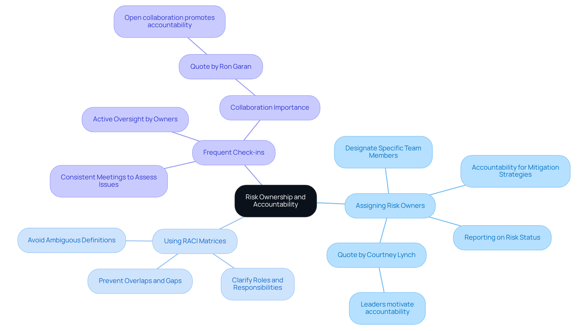 The center represents the main focus on risk ownership, with branches showing different strategies to enhance accountability. Each sub-branch provides more detail on how to implement these strategies effectively.