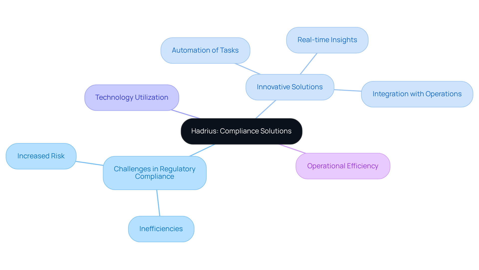 This mindmap starts with Hadrius at the center, showing how it tackles compliance challenges through technology and innovative solutions. Each branch represents a key area of focus, helping you see how everything connects. This mindmap starts with Hadrius at the center, showing how it tackles compliance challenges through technology and innovative solutions. Each branch represents a key area of focus, helping you see how everything connects.