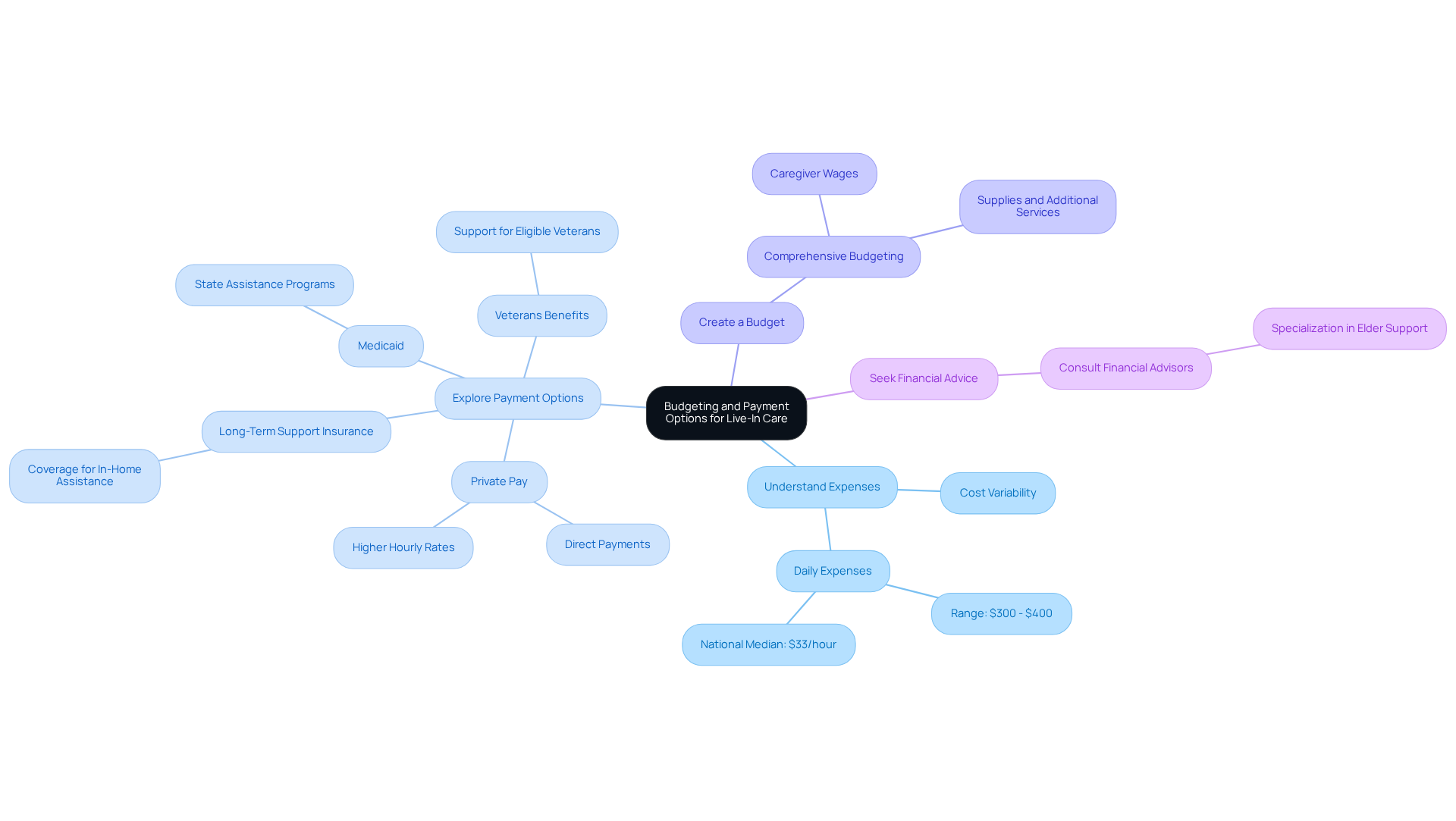 The central node represents the overall theme, while each branch highlights key considerations. Sub-branches provide specific details, helping you navigate the complexities of budgeting for live-in care.