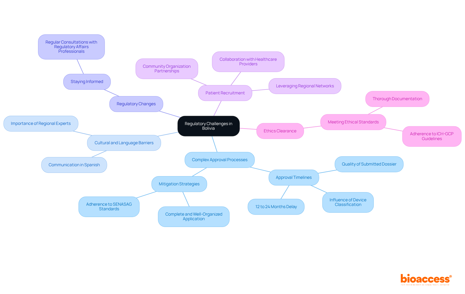 The central node represents the main theme of regulatory challenges, while each branch highlights a specific challenge. Sub-branches provide strategies or considerations for addressing those challenges, helping you understand how to navigate the complexities effectively.