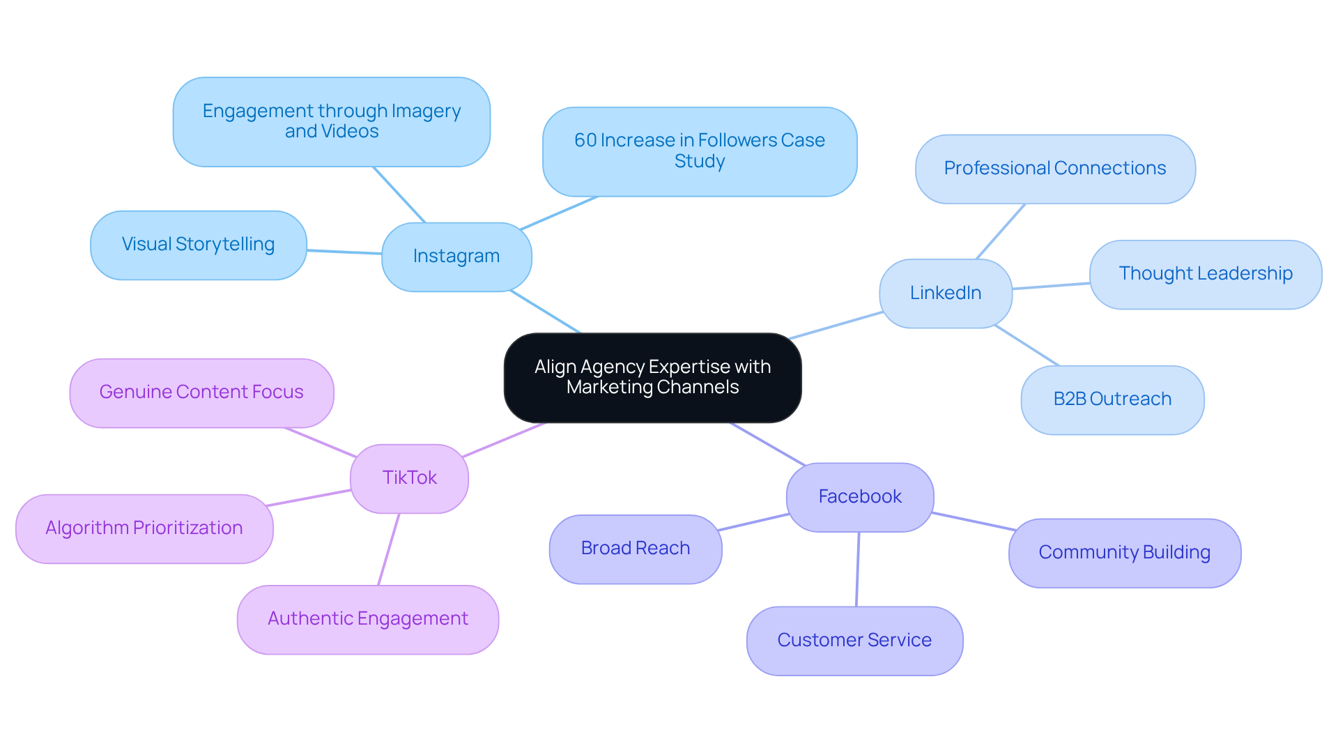 This mindmap shows how different social media platforms can be leveraged in marketing strategies. Each branch represents a platform, with sub-branches explaining what makes it unique and how an agency can help maximize its potential.