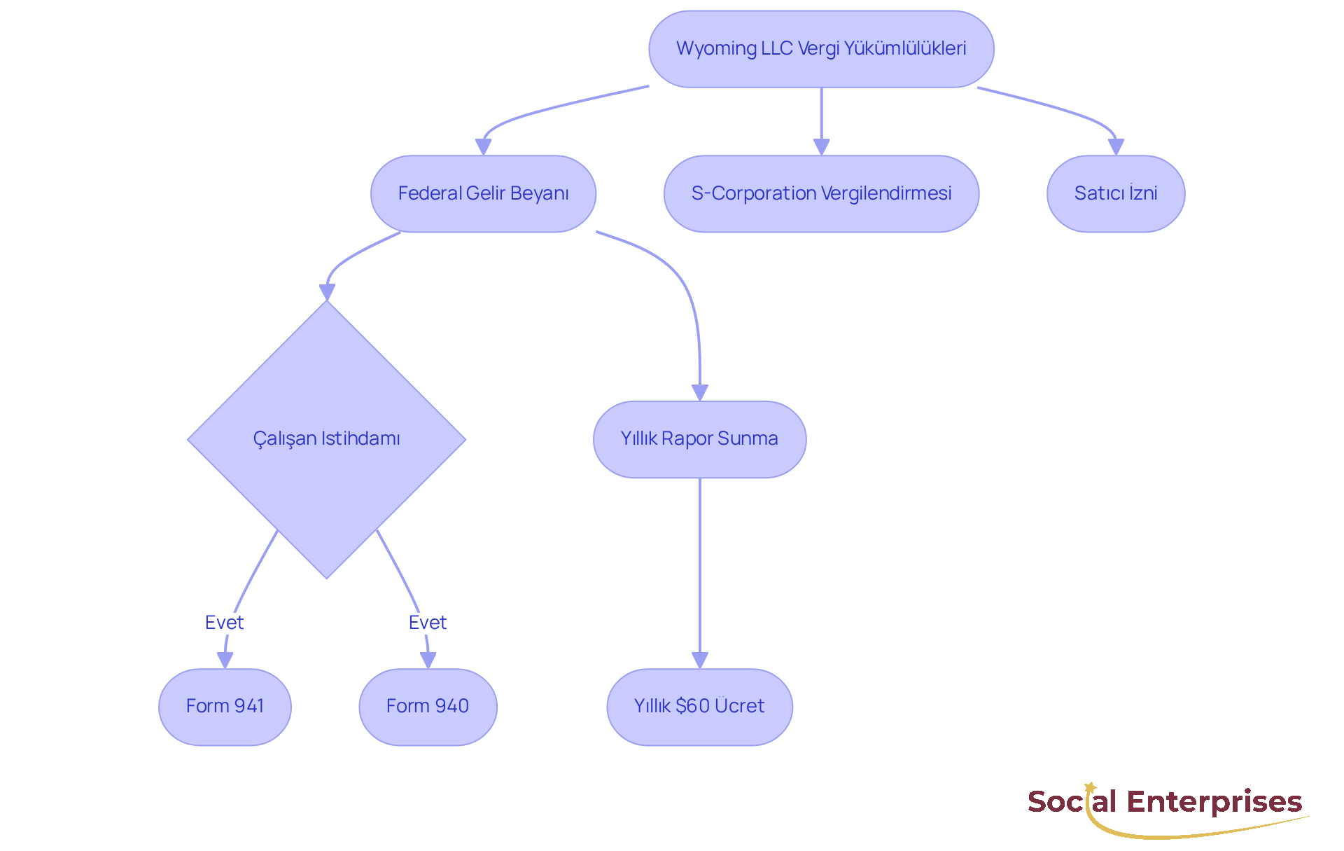Bu diyagram, Wyoming LLC'lerinin hangi durumlarda hangi vergi yükümlülüklerine tabi olduğunu gösterir. Her ok, bir adımın diğerine nasıl bağlandığını temsil eder. Örneğin, çalışan istihdamı varsa, ek formlar doldurmanız gerekecek. Renkler, farklı yükümlülükleri ayırt etmenize yardımcı olacak. Bu diyagram, Wyoming LLC'lerinin hangi durumlarda hangi vergi yükümlülüklerine tabi olduğunu gösterir. Her ok, bir adımın diğerine nasıl bağlandığını temsil eder. Örneğin, çalışan istihdamı varsa, ek formlar doldurmanız gerekecek. Renkler, farklı yükümlülükleri ayırt etmenize yardımcı olacak.