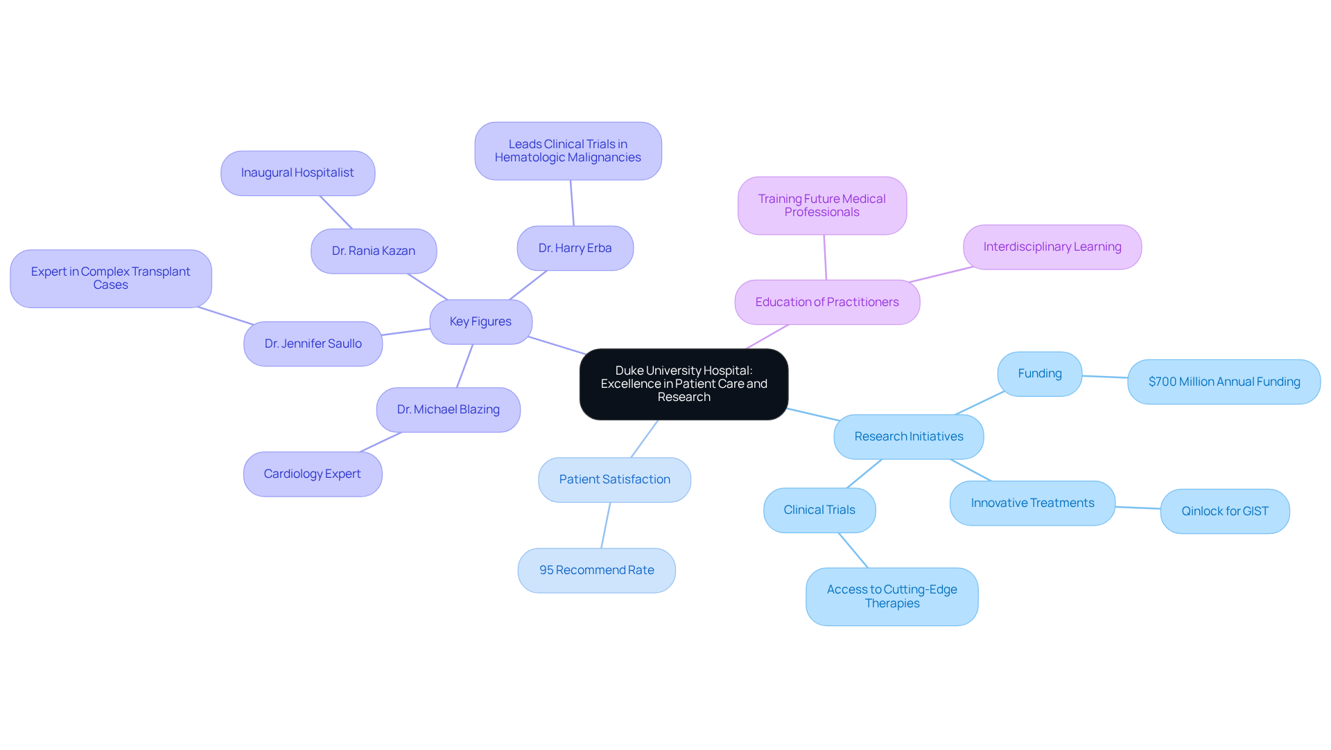 The central node represents the hospital's overall commitment, while branches illustrate key areas such as research, patient satisfaction, notable figures, and education — explore each branch to understand how they contribute to excellence in healthcare.