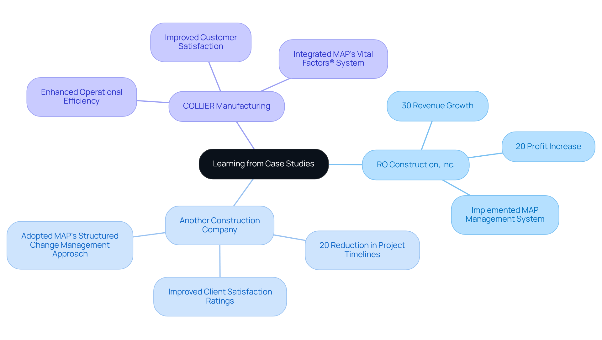 The central node represents the overall theme of learning from case studies. Each branch shows a different company and their unique transformation story, with sub-branches detailing specific outcomes and strategies. This layout helps you see how different organizations tackled similar challenges and what you can learn from them.