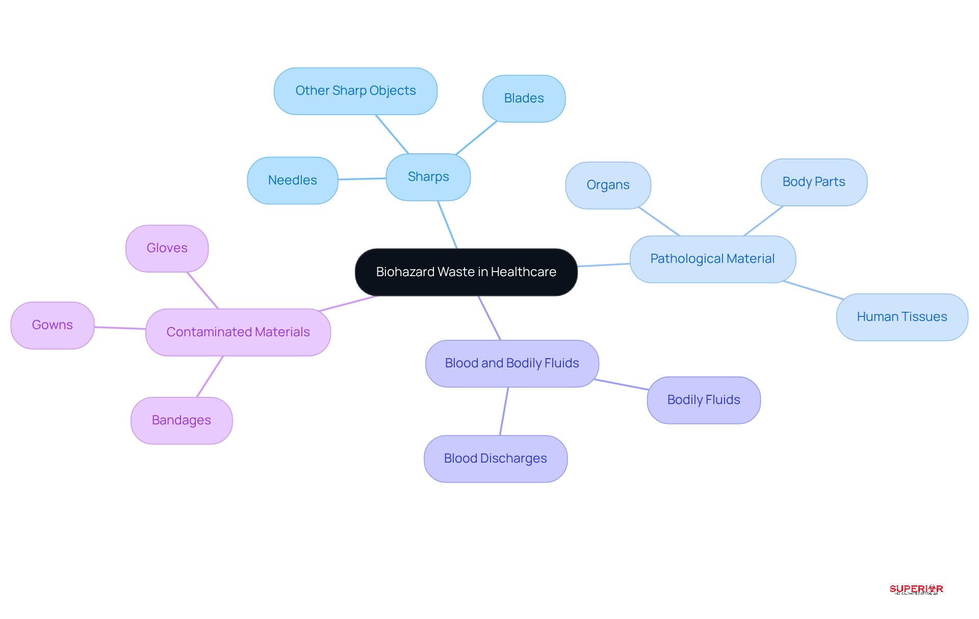 The central node represents biohazard waste, while the branches show different categories of waste. Each category includes specific items that are considered hazardous. This layout helps you see how various types of waste are connected to the main topic.
