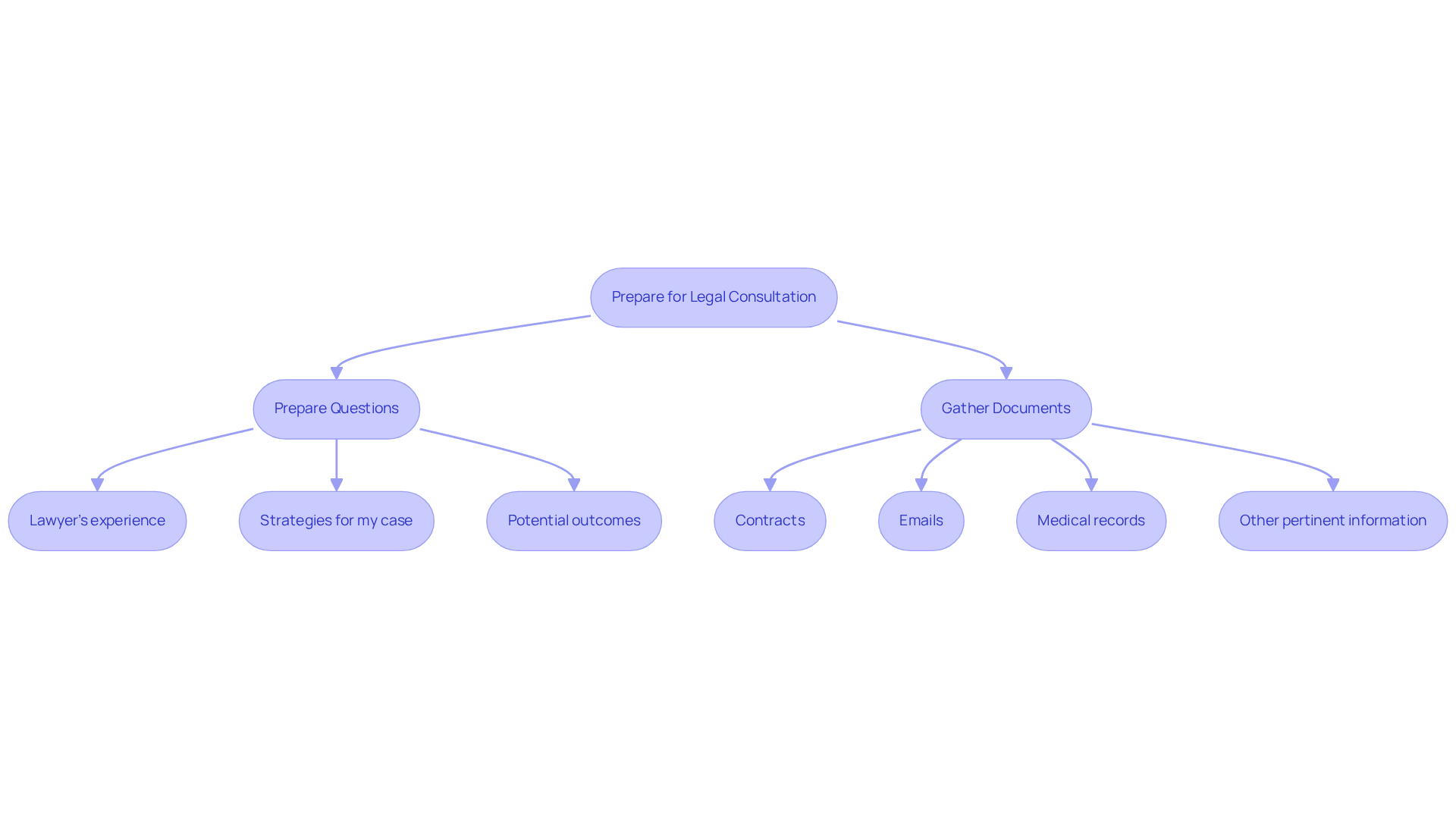 This flowchart guides you through the essential steps to prepare for your legal consultation. Start at the top and follow the arrows to see what questions to ask and what documents to gather for a productive meeting.