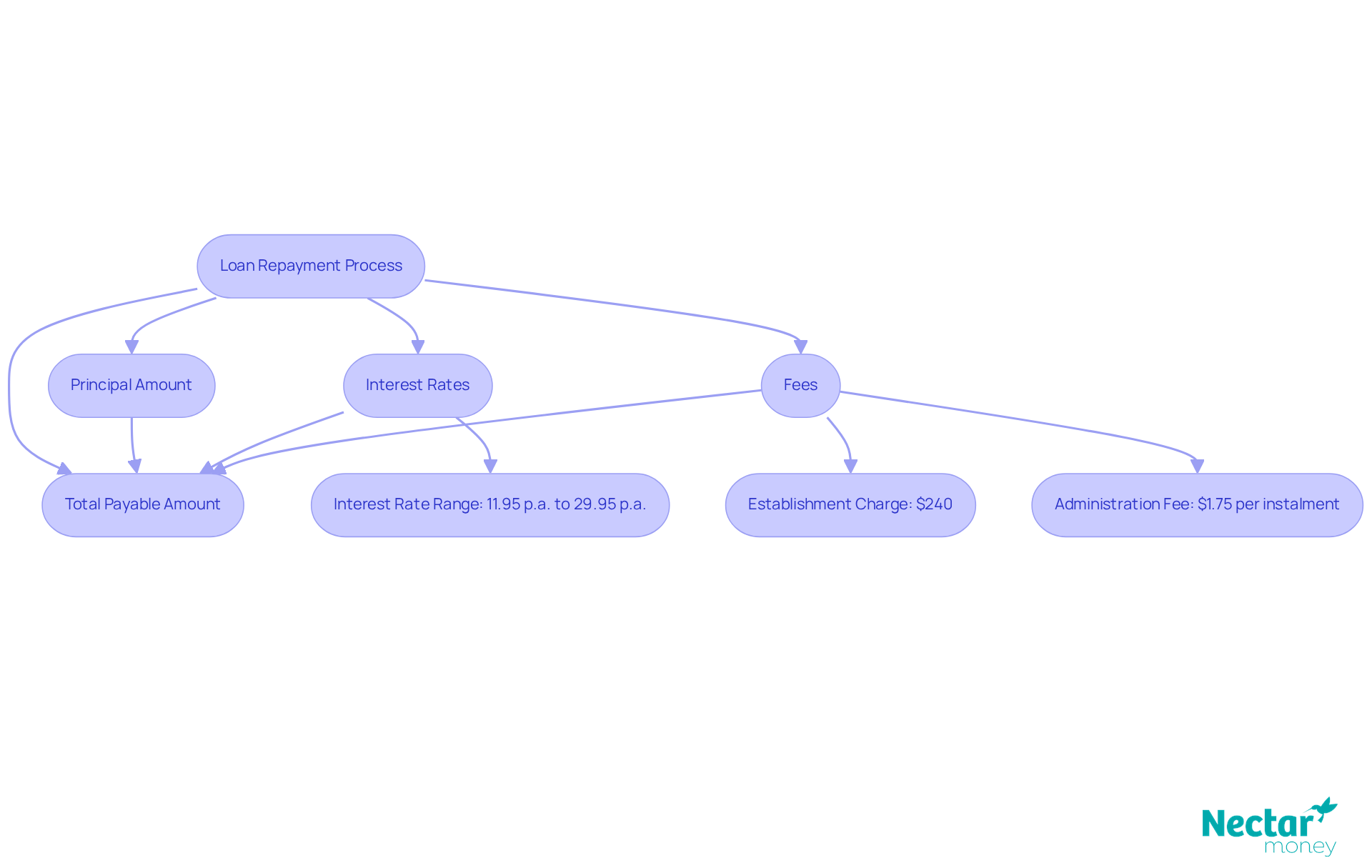 This flowchart illustrates the loan repayment journey — start at the top with the process, then follow the branches to see how various elements like principal, interest, and fees influence your total repayments.