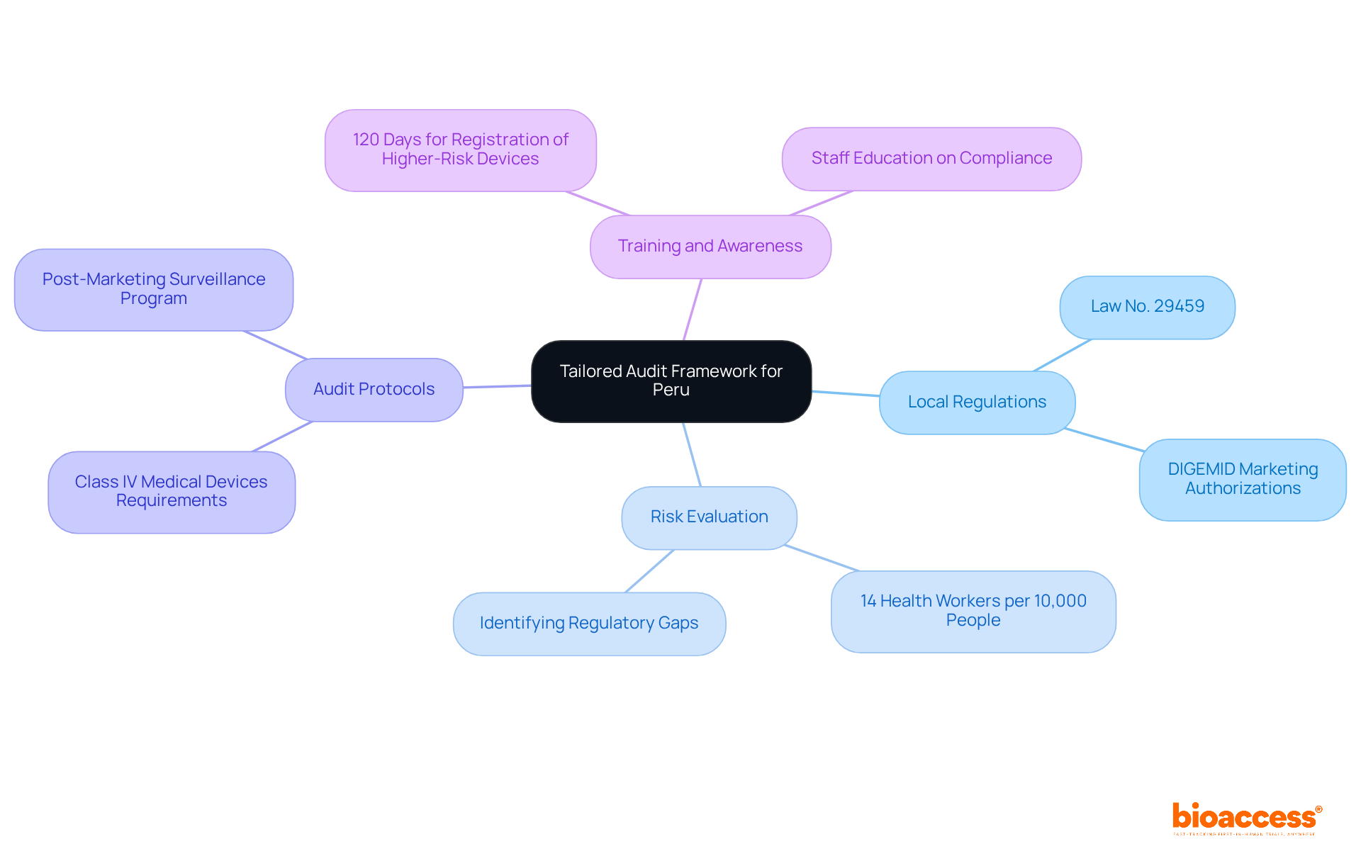 The central node represents the overall audit framework, while the branches show key areas of focus. Each sub-branch provides specific details or actions related to that area, helping you understand how they all connect to ensure compliance.