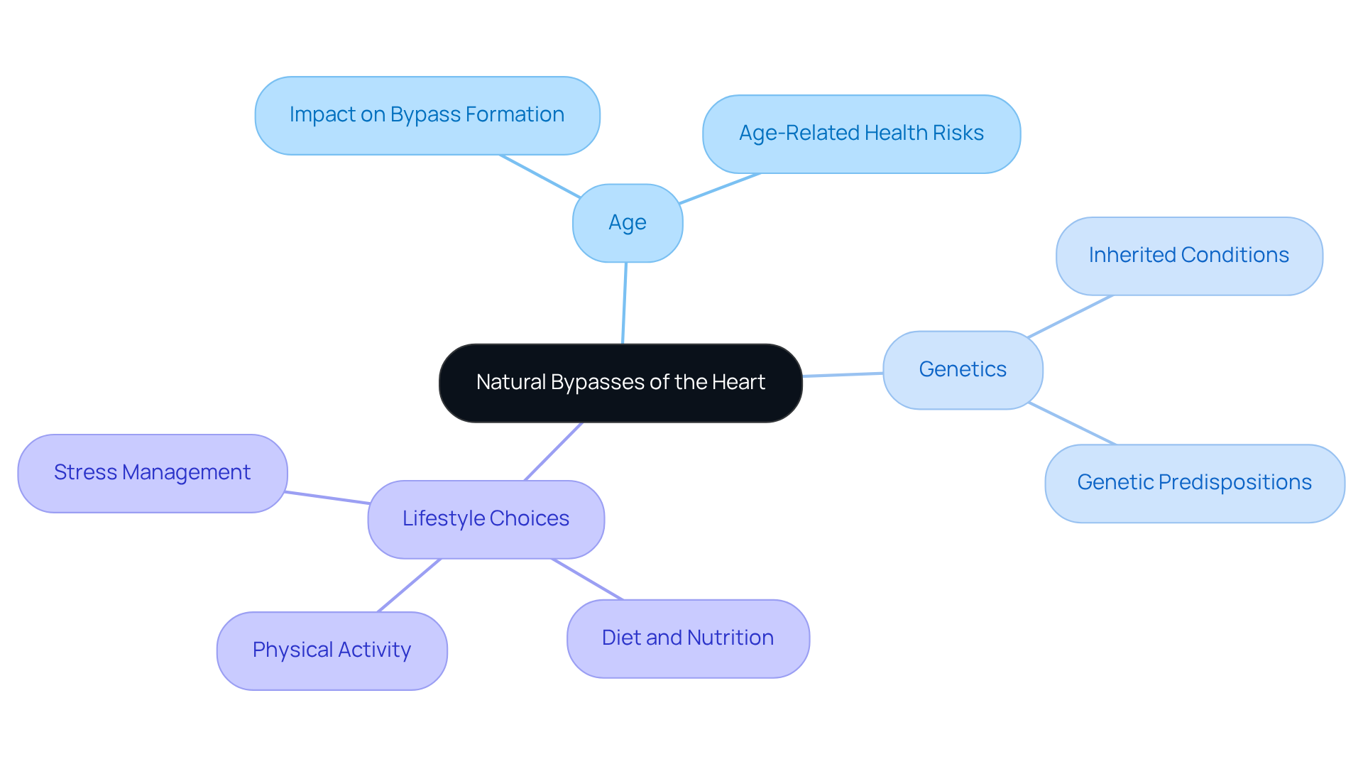 The central node represents the main topic of natural bypasses, while the branches show the key factors that influence how these bypasses form. Each factor can have its own details, helping you see how they connect to your heart health.