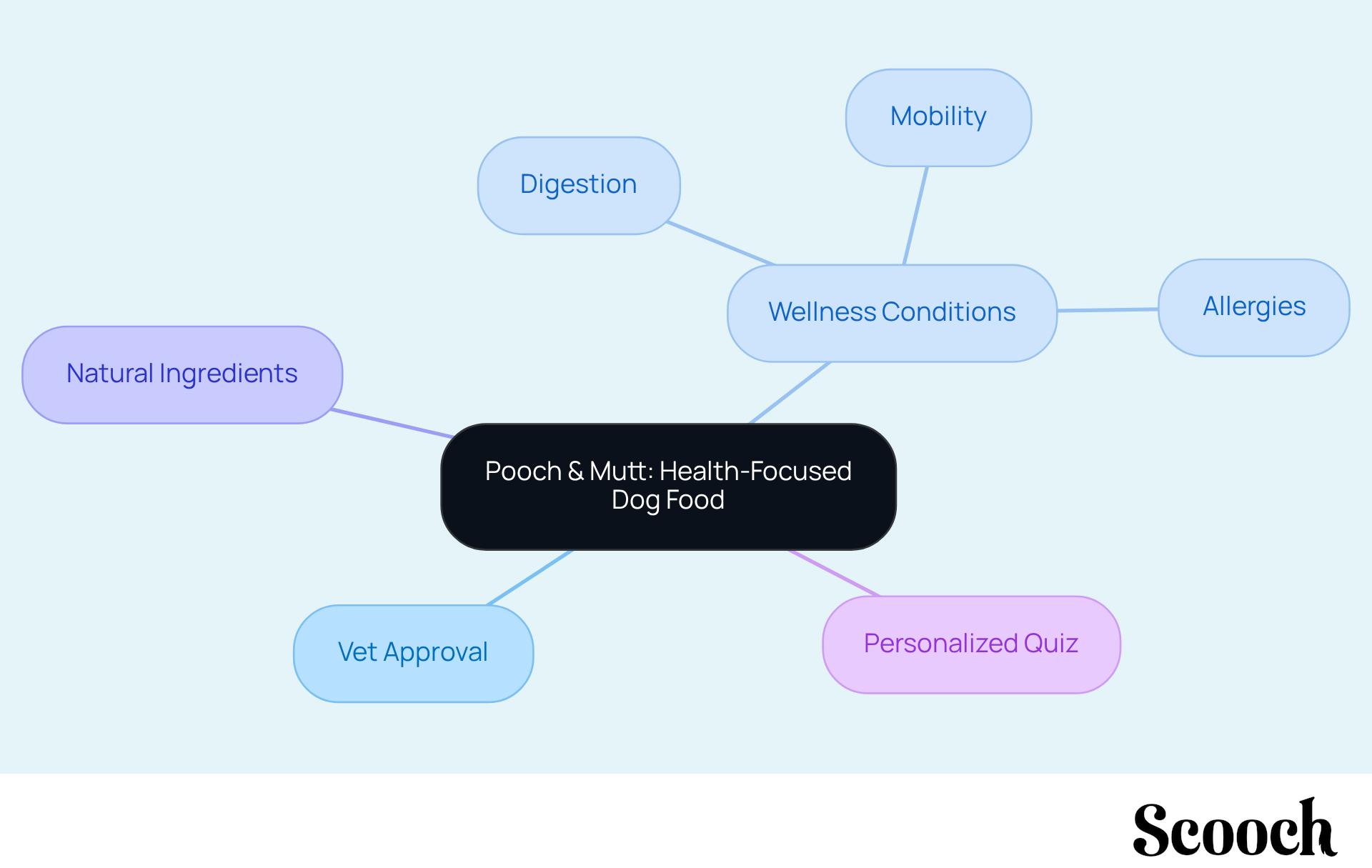 The central node represents Pooch & Mutt, while the branches show different aspects of their health-focused dog food, including vet approval, specific health benefits, and tools for personalized nutrition.