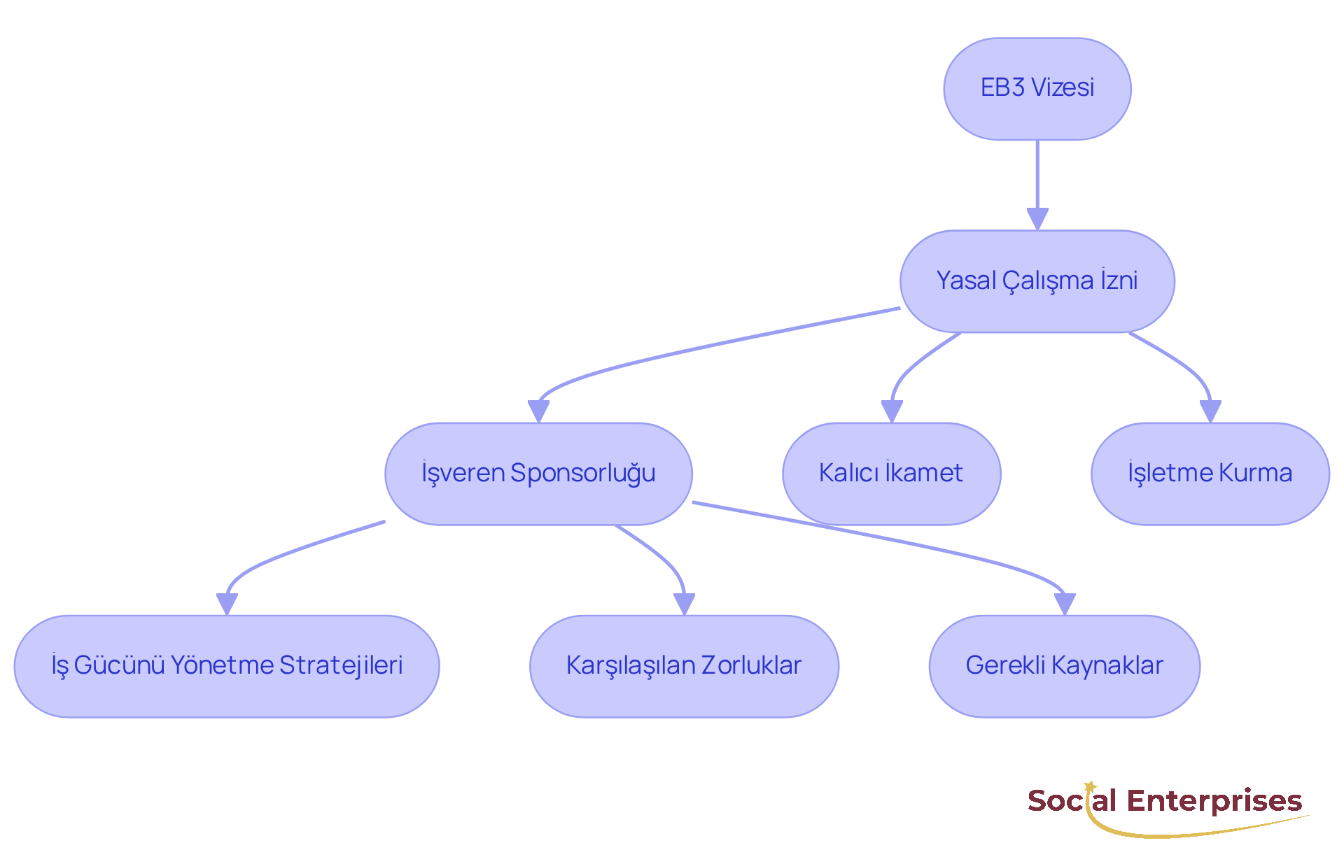 Diyagram, EB3 vizesinin sağladığı yasal çalışma izni sürecini adım adım gösterir. Her adım, girişimcilerin bu süreçte nasıl ilerlediğini ve hangi kaynaklara erişim sağladıklarını anlamalarına yardımcı olur.