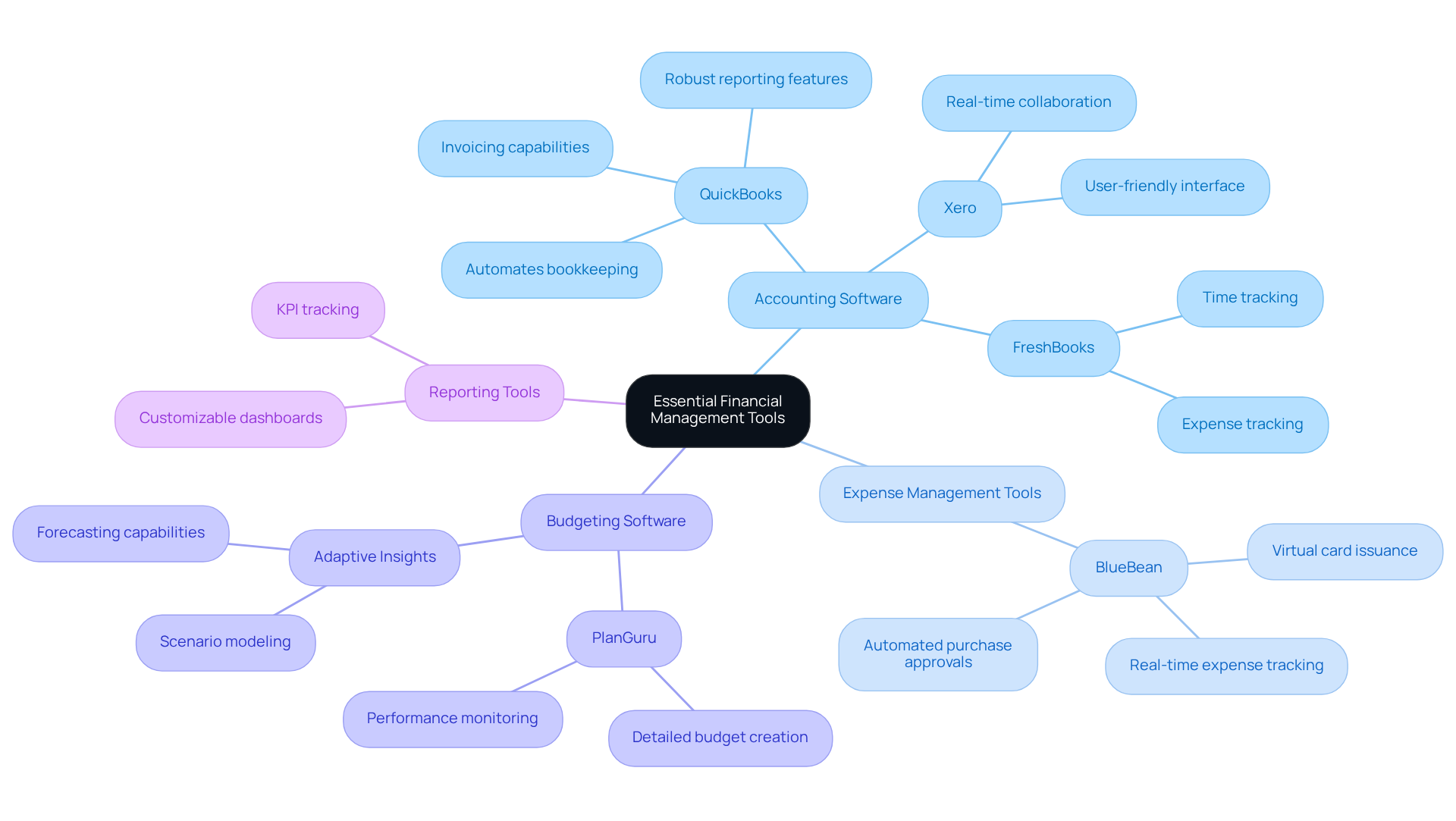 The central node represents the main topic, while the branches show different categories of tools. Each sub-branch lists specific tools and their features, helping you understand what each tool offers and how they fit into financial management.
