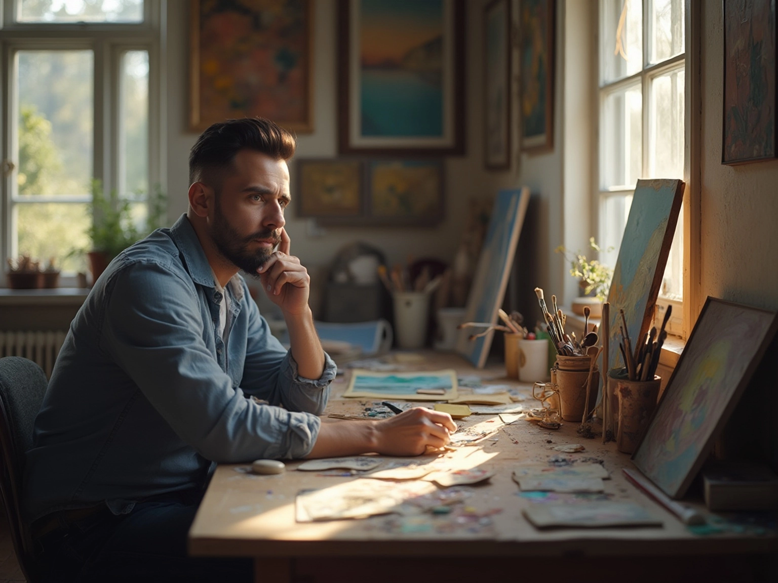 Contemplative Artist in Studio