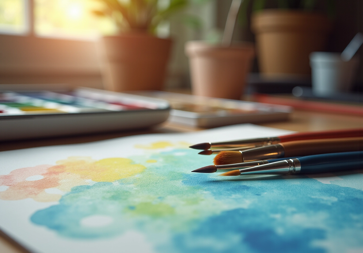 Cotman Watercolor Brushes in an Artist's Workspace