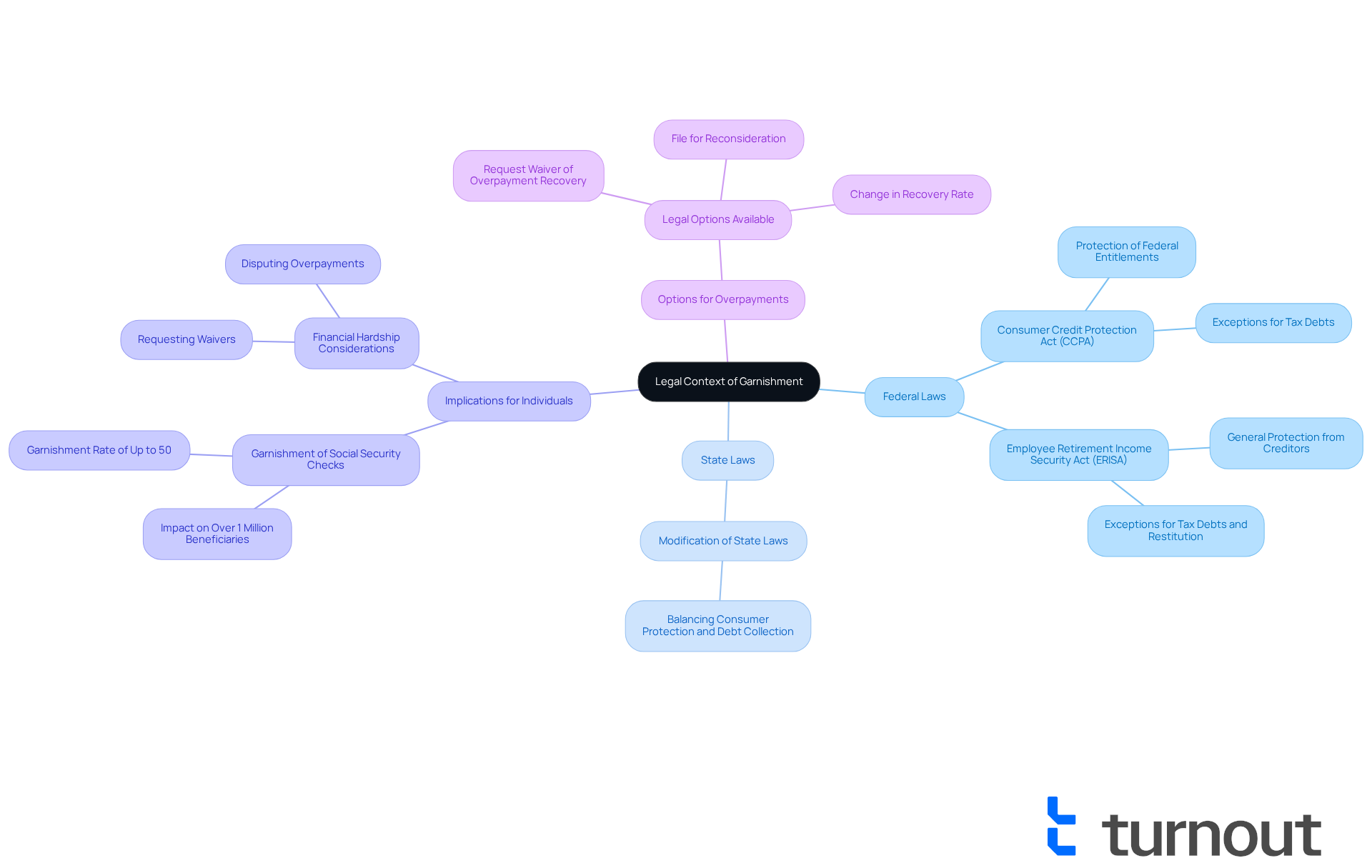 This mindmap shows the legal landscape around wage garnishment. Each branch represents a key area of law or concern, helping you see how they interconnect and what options you have.