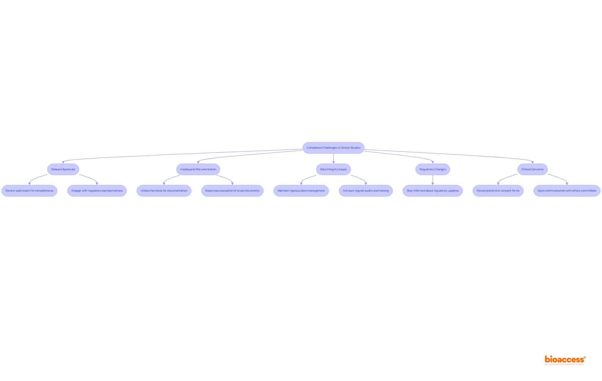 Each main box represents a specific compliance challenge. The arrows lead to solutions you can implement to address each challenge. Following the flow will help you navigate through the issues and find effective strategies.