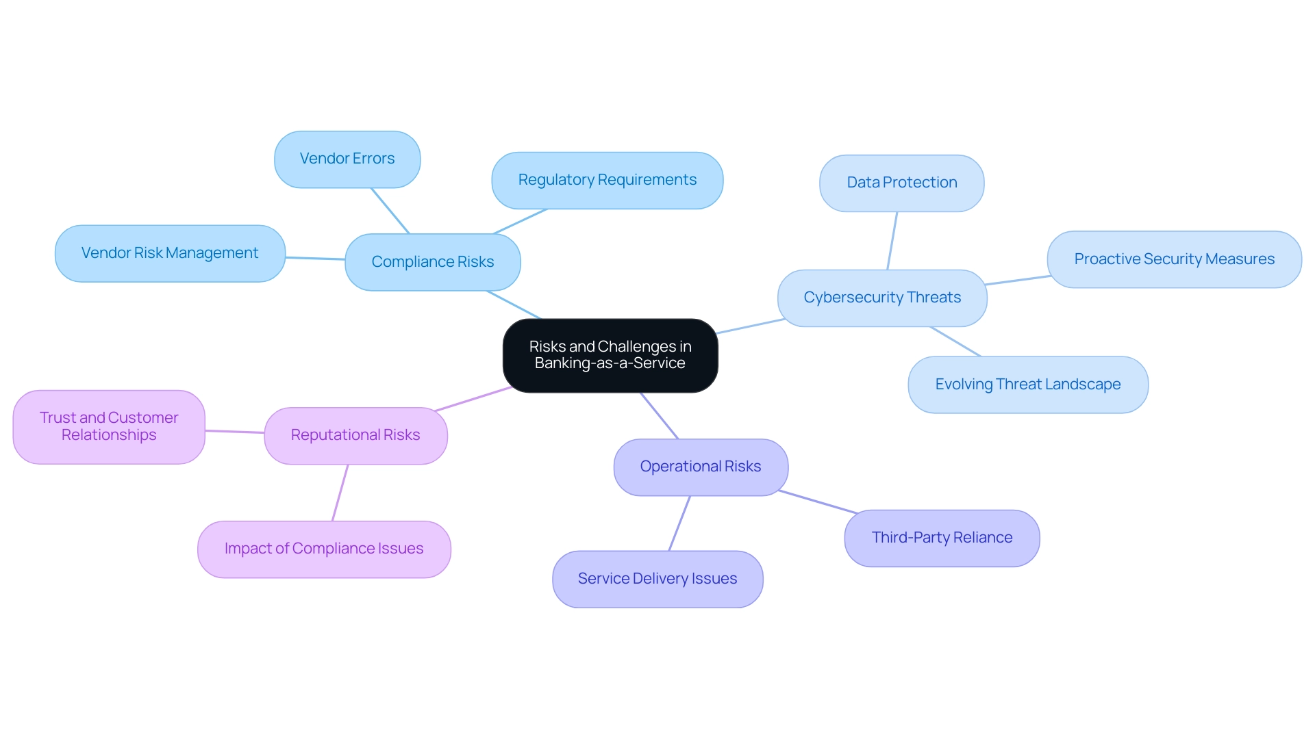 The central node represents the overall topic, with branches showing the four key risk categories and their respective details.