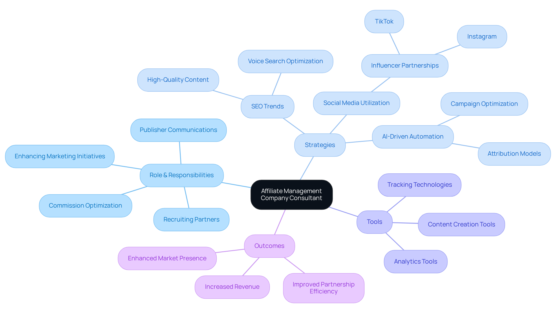 The central node represents the consultant's role, while the branches show different aspects of their work. Each color-coded branch helps you understand how various strategies and tools contribute to the overall effectiveness of affiliate management.