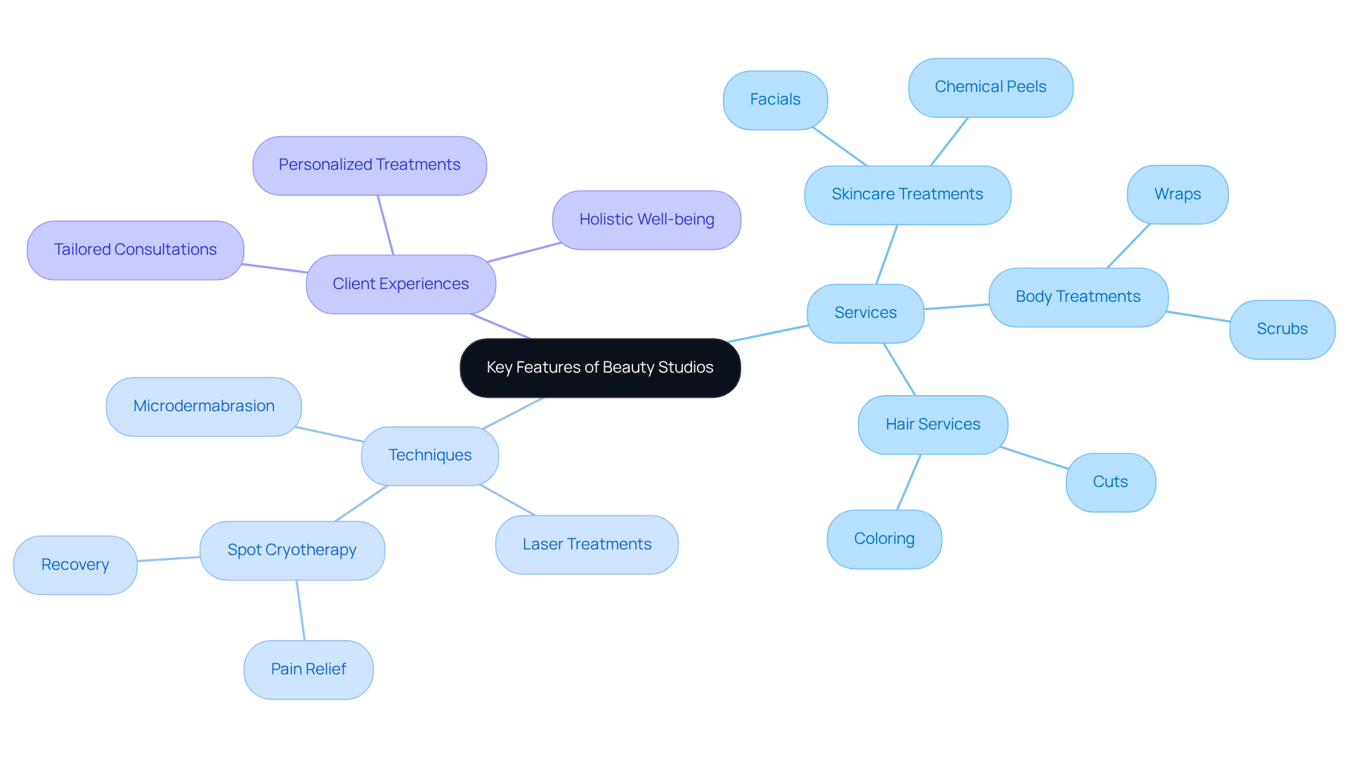 The central node highlights the main features of beauty studios, with branches leading to specific services and techniques, illustrating how they contribute to client experiences and overall well-being.