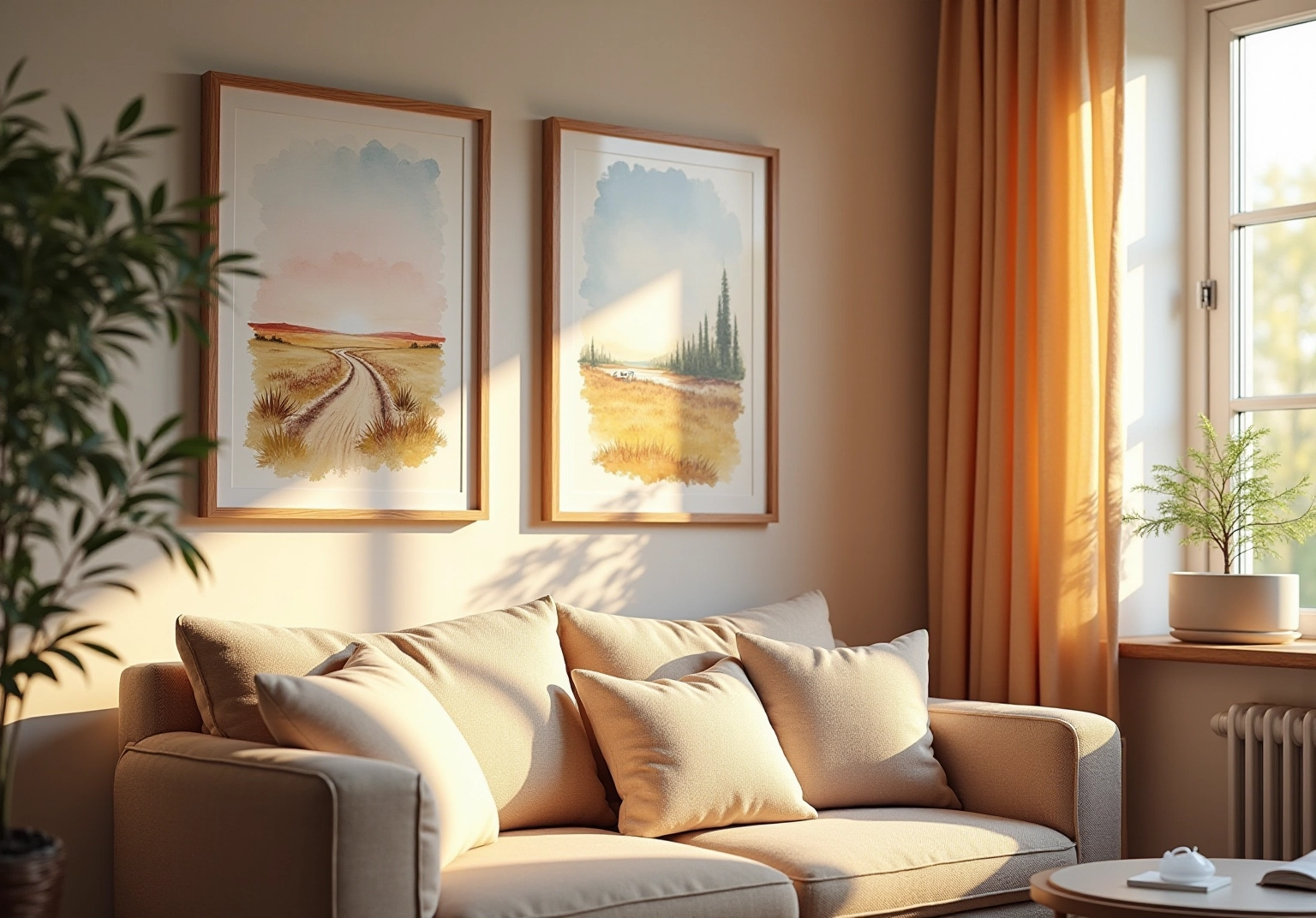 Cozy Interior with Landscape Watercolor Art