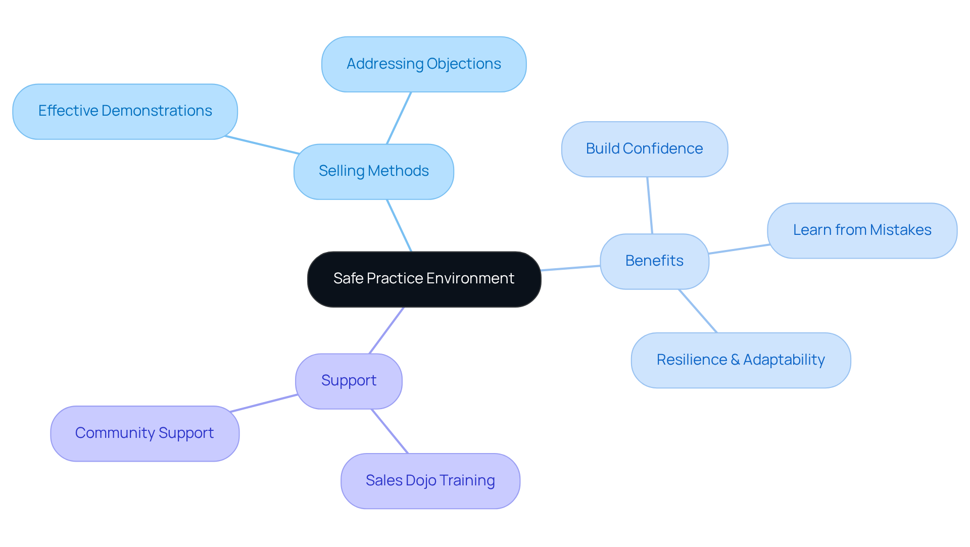 Start at the center with the practice environment. Follow the branches to see different methods of selling and the benefits of this low-pressure training approach. Start at the center with the practice environment. Follow the branches to see different methods of selling and the benefits of this low-pressure training approach.
