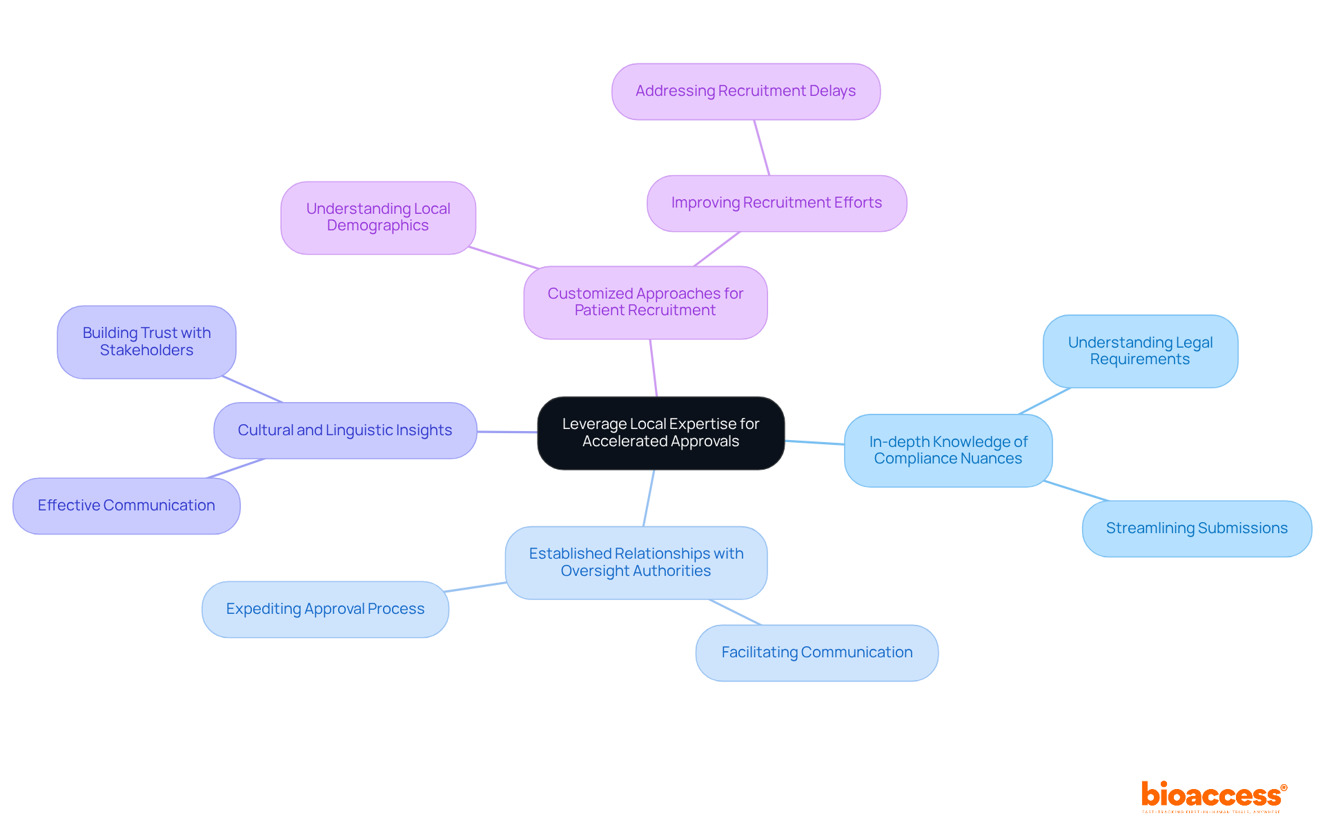 The central node represents the main strategy, while each branch shows a specific advantage of engaging local experts. Follow the branches to understand how each advantage contributes to achieving faster regulatory approvals.