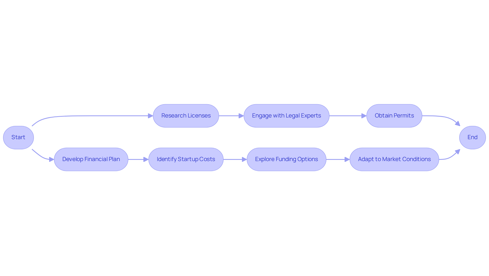 Follow the arrows to see each step in the process — the left side focuses on licenses and permits, while the right side outlines financial planning tasks.