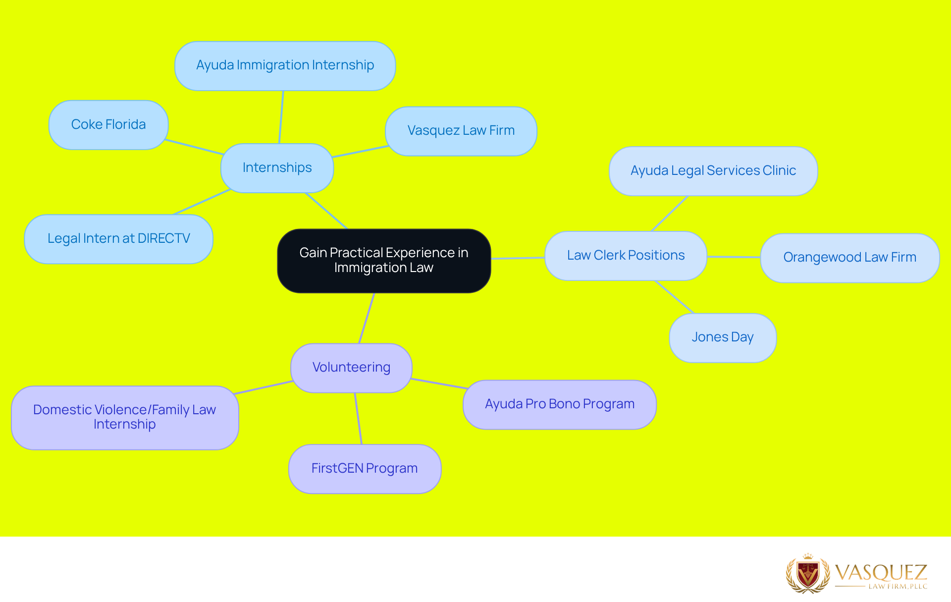 This mindmap shows different ways to gain practical experience in immigration law. Start at the center with the main idea, then follow the branches to explore internships, clerkships, and volunteer opportunities, each leading to specific examples that can help you build your career.