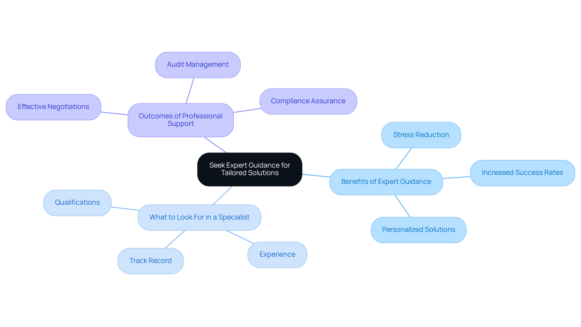 The center represents the main idea of seeking expert help. Each branch shows different aspects of this journey, from benefits to what to consider when choosing a specialist.