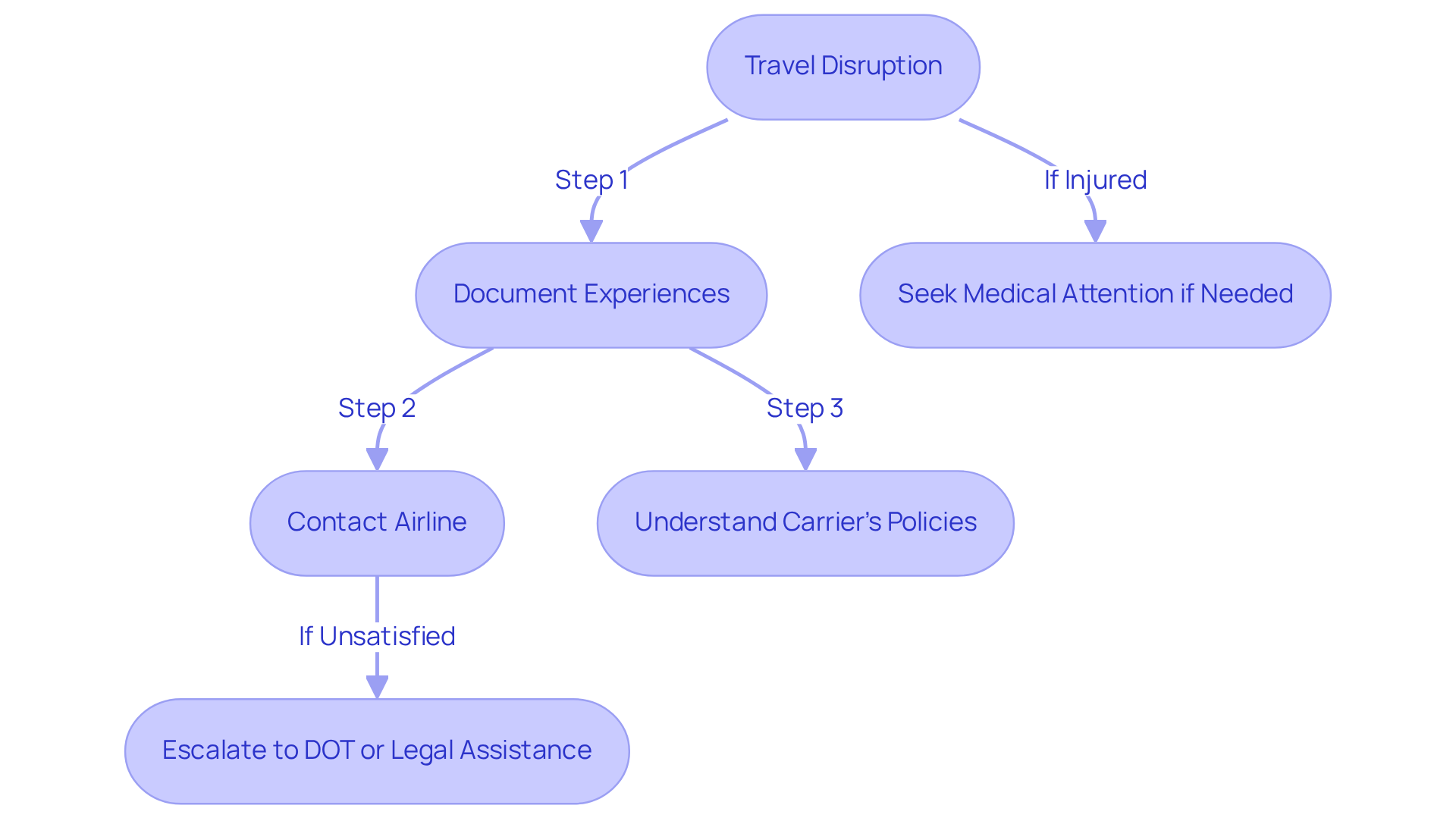 This flowchart guides you through the actions to take if your travel plans are disrupted. Start at the top with 'Travel Disruption' and follow the arrows to see what steps to take next, from documenting your experience to seeking legal help if necessary. This flowchart guides you through the actions to take if your travel plans are disrupted. Start at the top with 'Travel Disruption' and follow the arrows to see what steps to take next, from documenting your experience to seeking legal help if necessary.