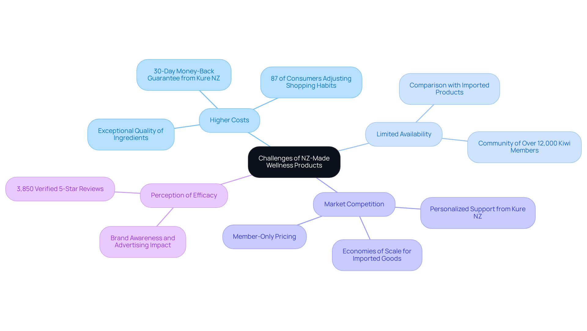 The central node represents the overall challenges, while each branch highlights a specific issue. The sub-branches provide additional details, helping you see the full picture of what families face when opting for local wellness products.