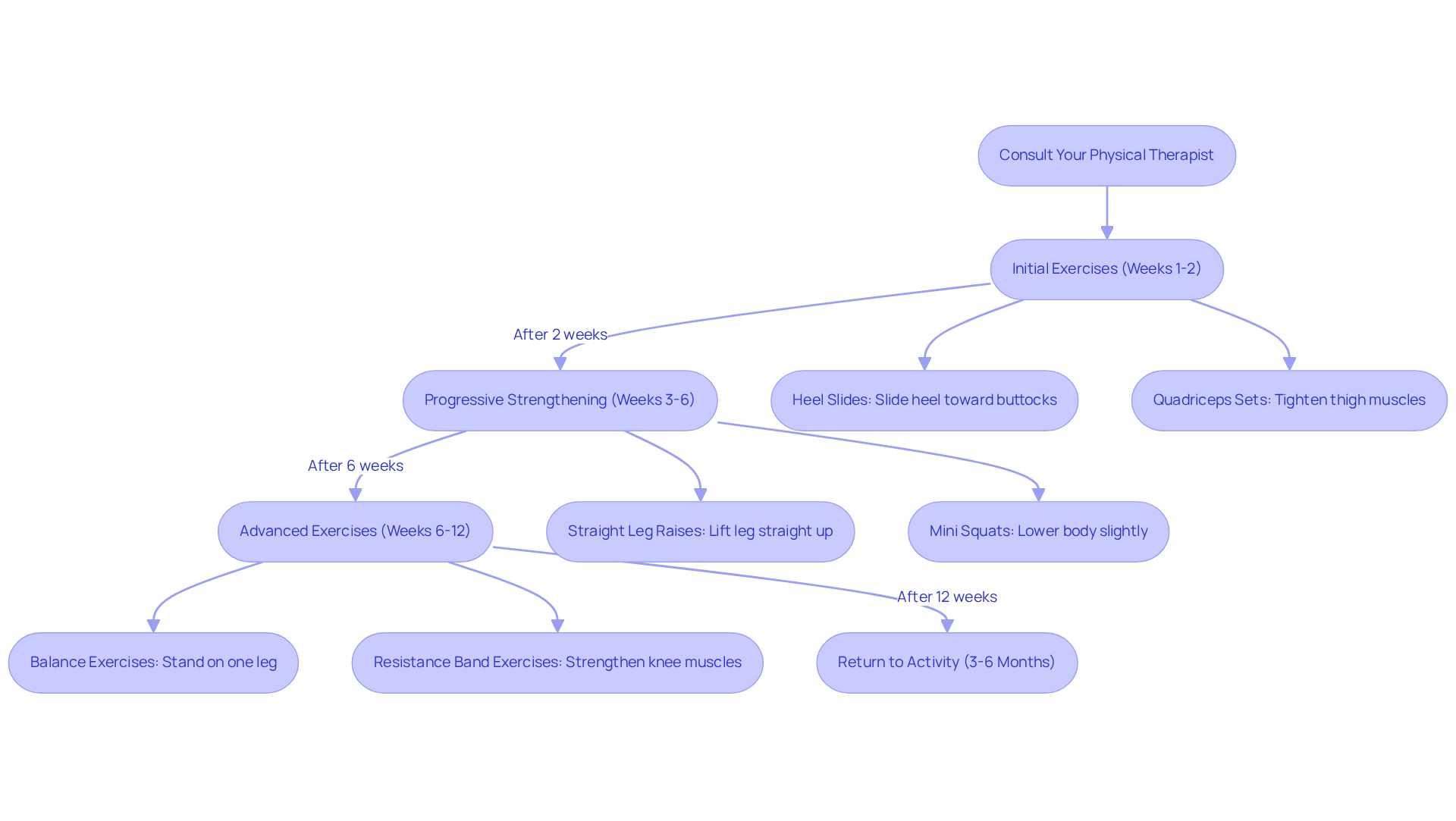 Follow the arrows to see the steps in your rehabilitation journey. Start with consulting your therapist, then move through the different phases of exercises, and finally, learn how to safely return to your activities.