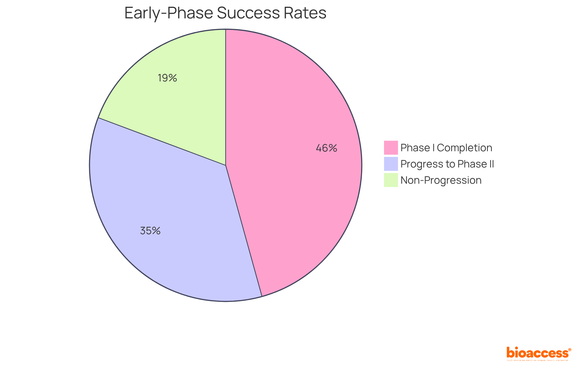 Each slice represents a key statistic in early-phase drug development — the larger the slice, the more significant the success rate or progression.