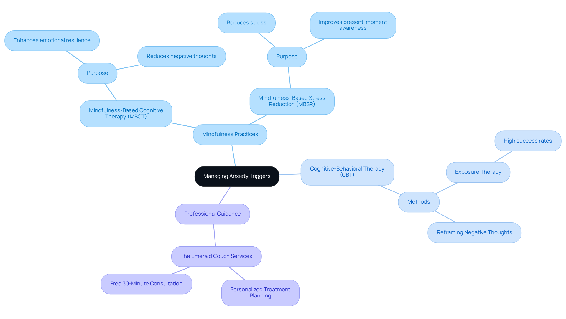 The central node represents the main topic of managing anxiety. Each branch explores a different strategy or service, showing how they relate and contribute to overall anxiety management.