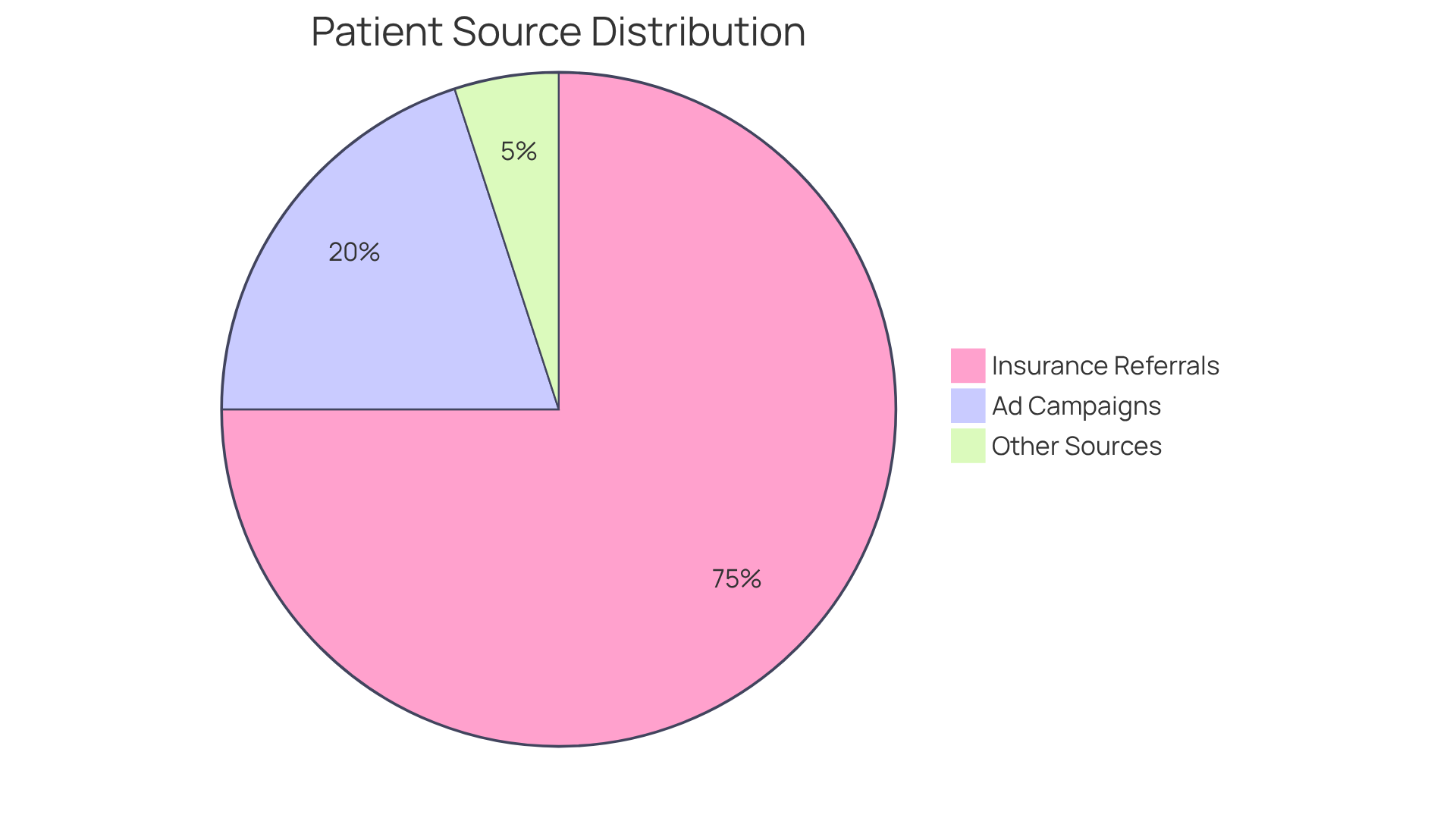 This pie chart shows where your patients are coming from. The bigger the slice, the more patients arrived from that source. For example, the blue slice represents insurance referrals, which account for 75% of incoming patients, highlighting its importance in your marketing strategy.