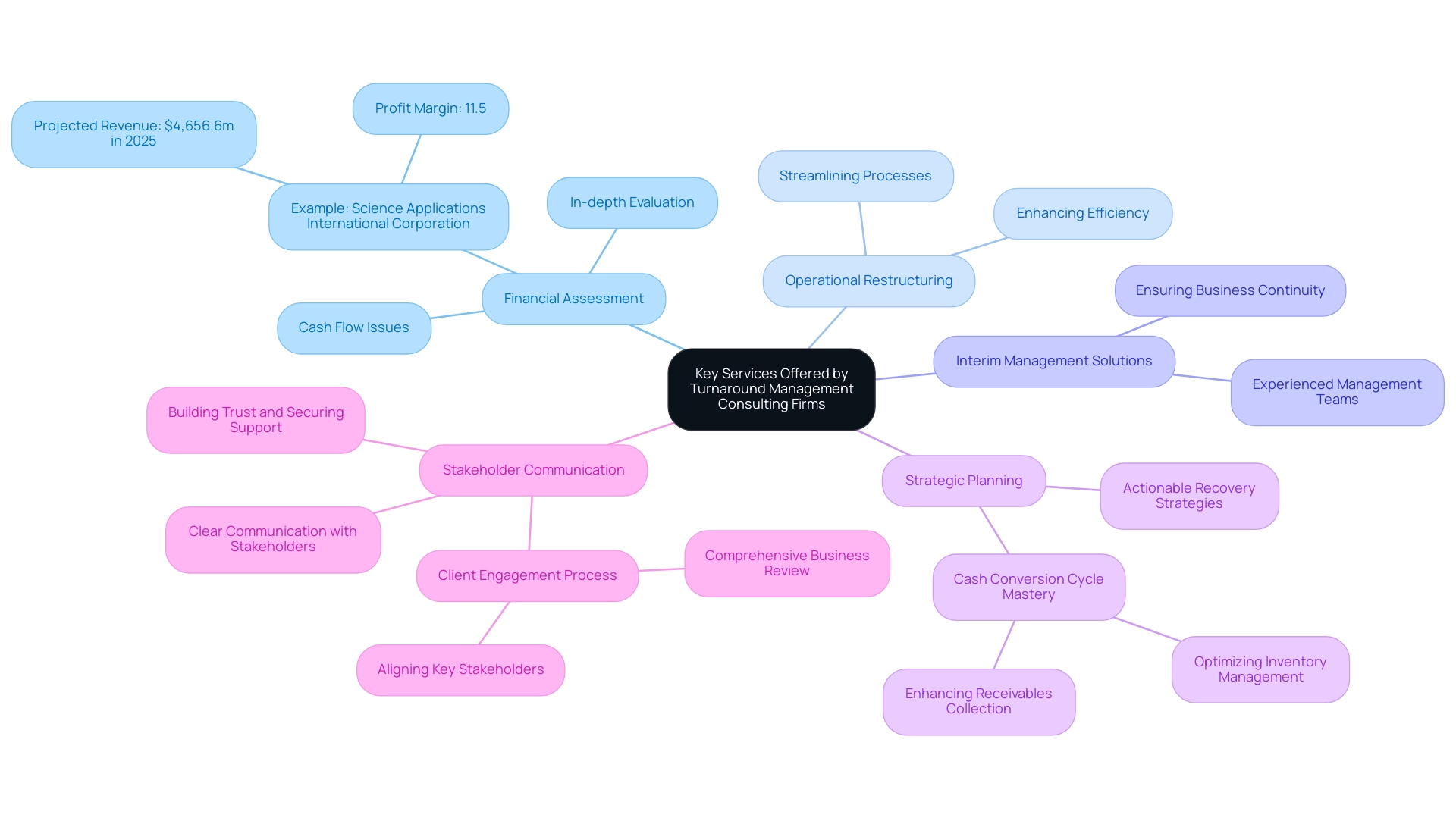 Each branch represents a key service offered by consulting firms, with sub-branches providing additional details or examples relevant to that service.