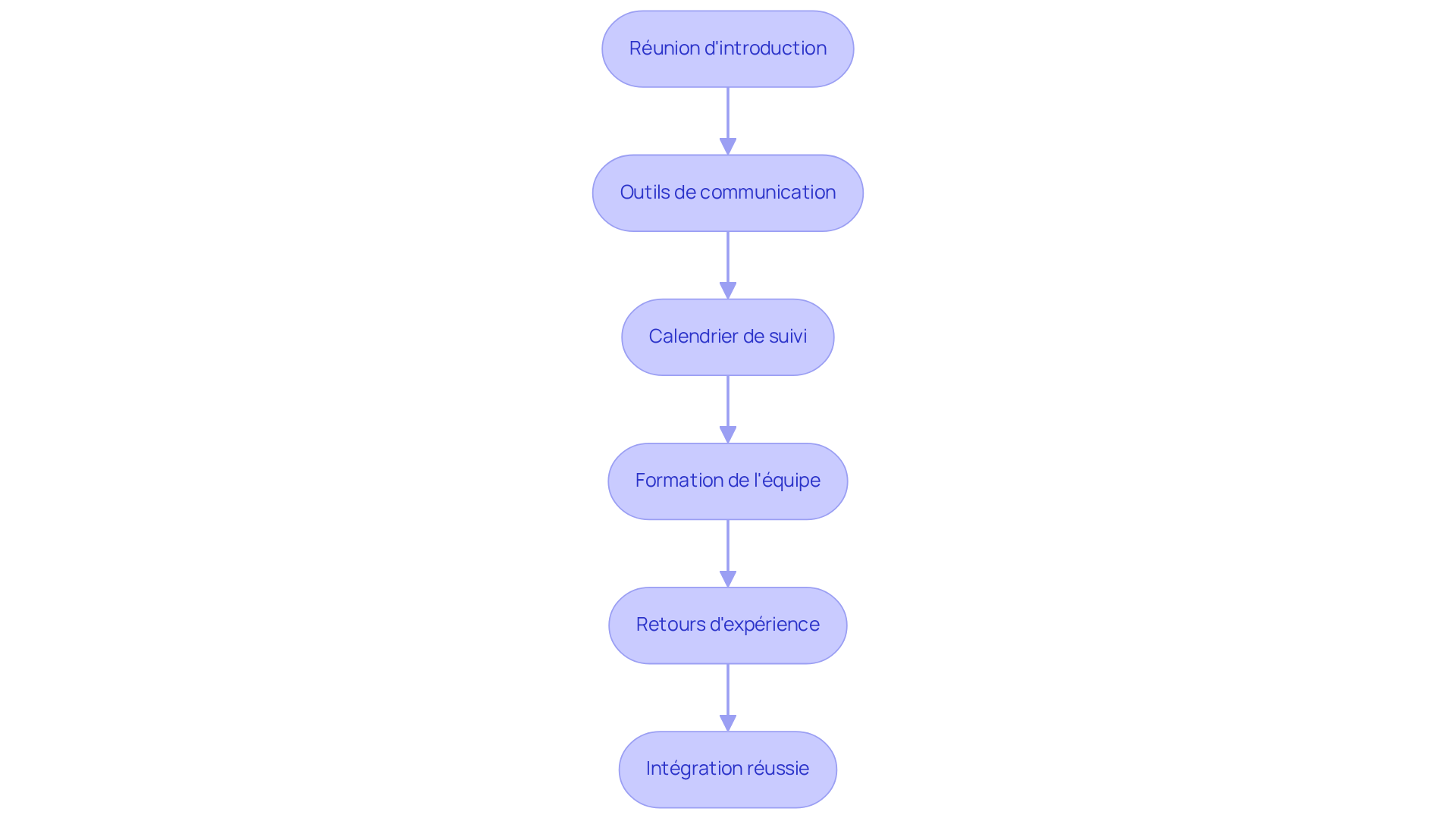 Chaque boîte représente une étape essentielle du processus d'intégration. Suivez les flèches pour voir comment chaque étape mène à la suivante.