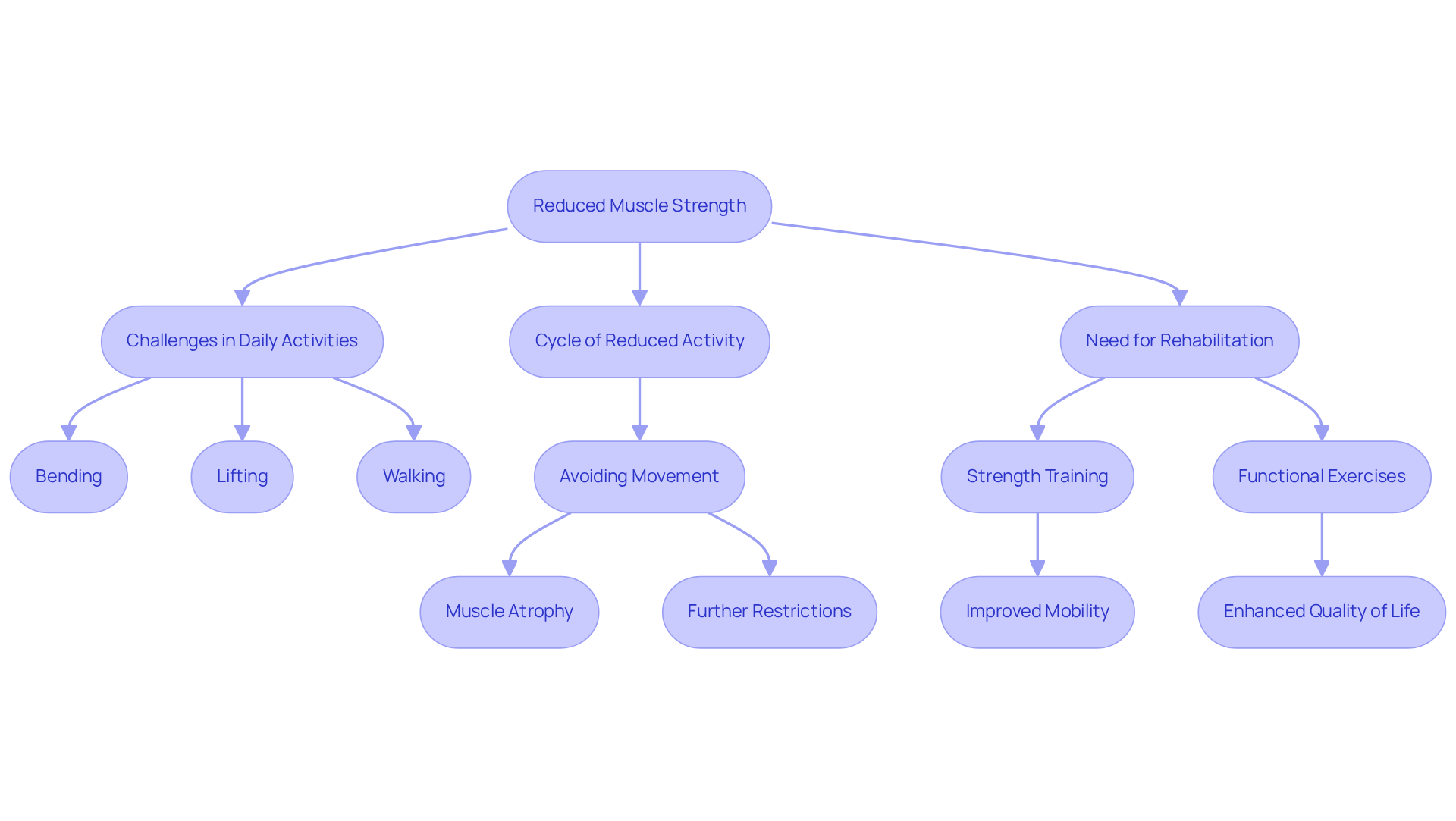 This flowchart illustrates how reduced muscle strength can lead to challenges in daily activities, creating a cycle of inactivity. It also shows how rehabilitation can help break this cycle and improve mobility and quality of life. This flowchart illustrates how reduced muscle strength can lead to challenges in daily activities, creating a cycle of inactivity. It also shows how rehabilitation can help break this cycle and improve mobility and quality of life.