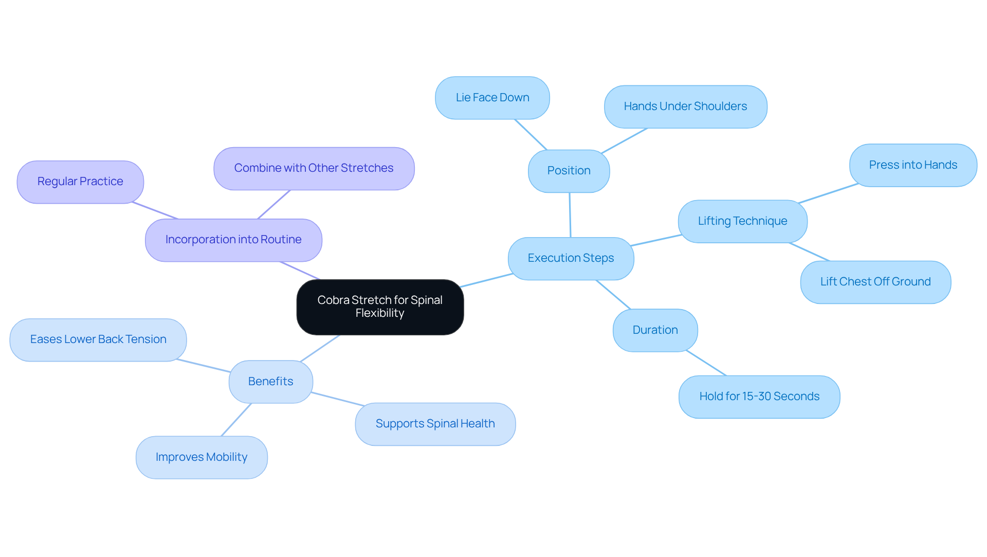 This mindmap starts with the Cobra Stretch at the center. Follow the branches to learn how to perform the stretch, its benefits, and how to include it in your daily routine. Each color-coded branch helps you see the connections between the stretch and its positive effects on your body. This mindmap starts with the Cobra Stretch at the center. Follow the branches to learn how to perform the stretch, its benefits, and how to include it in your daily routine. Each color-coded branch helps you see the connections between the stretch and its positive effects on your body.