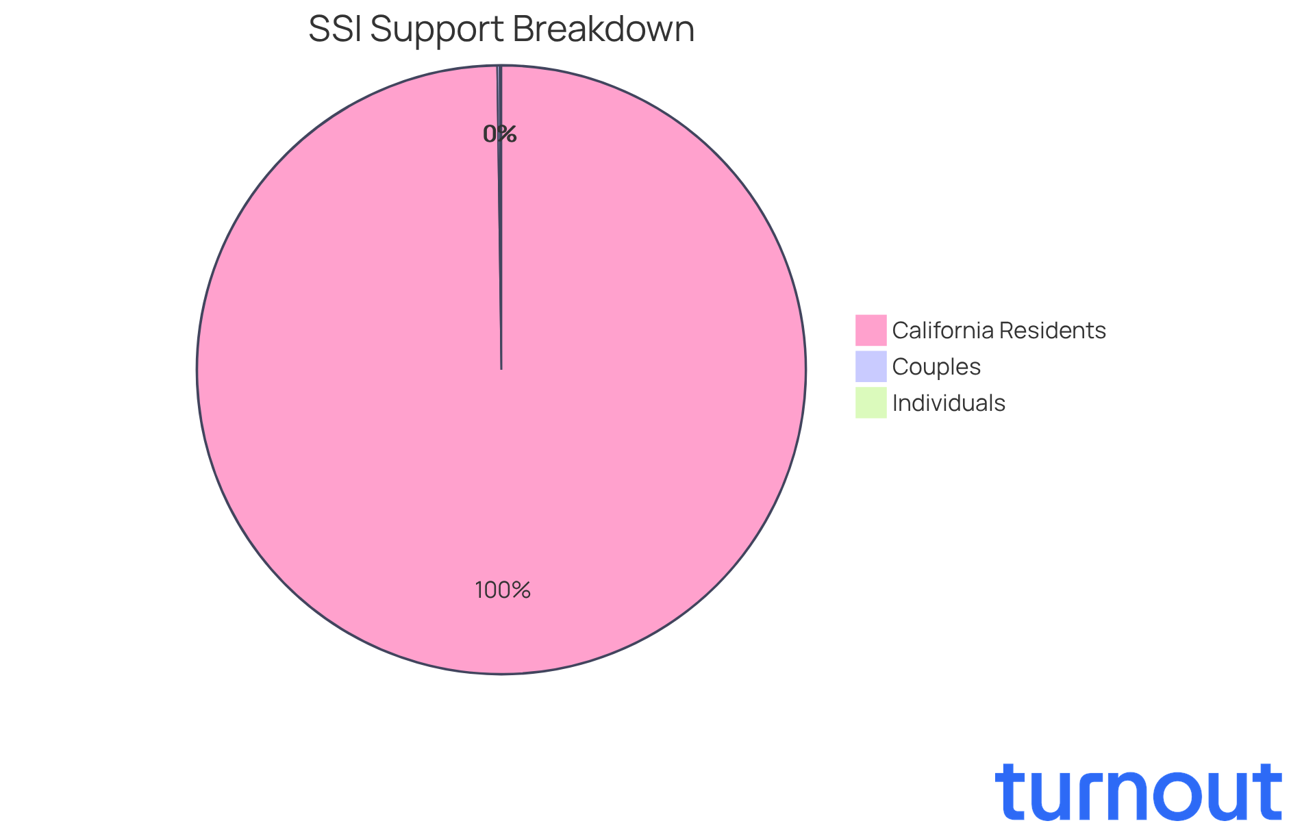 Each slice of the pie shows different aspects of SSI support: the blue slice is for individuals, the green slice for couples, and the orange slice represents the number of people in California relying on these payments. The bigger the slice, the more significant the support.
