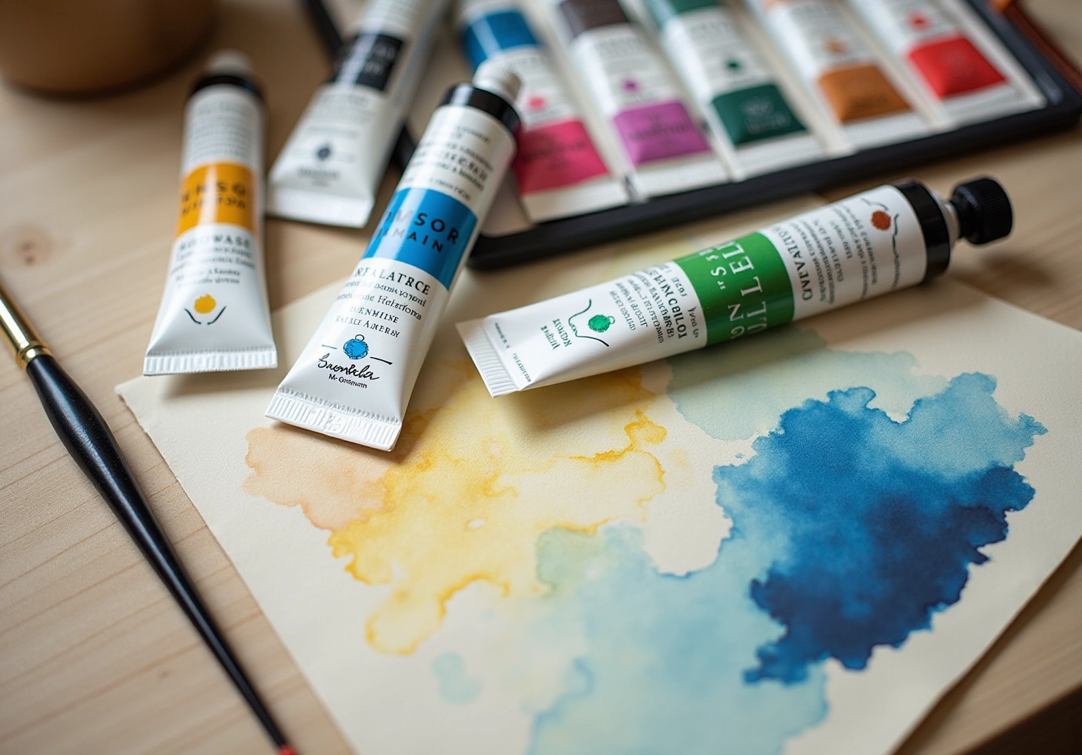 Creative Artist's Workspace with Watercolor Brands