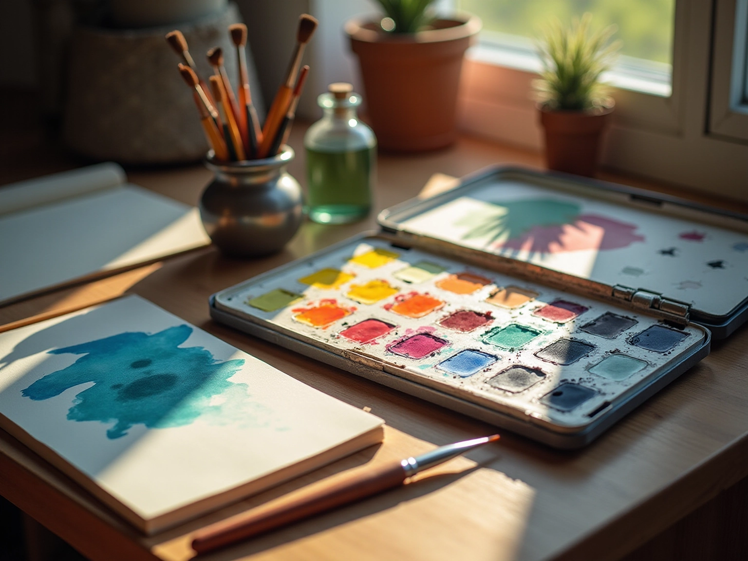 Creative Artist's Workspace with Watercolor Set Creative Artist's Workspace with Watercolor Set