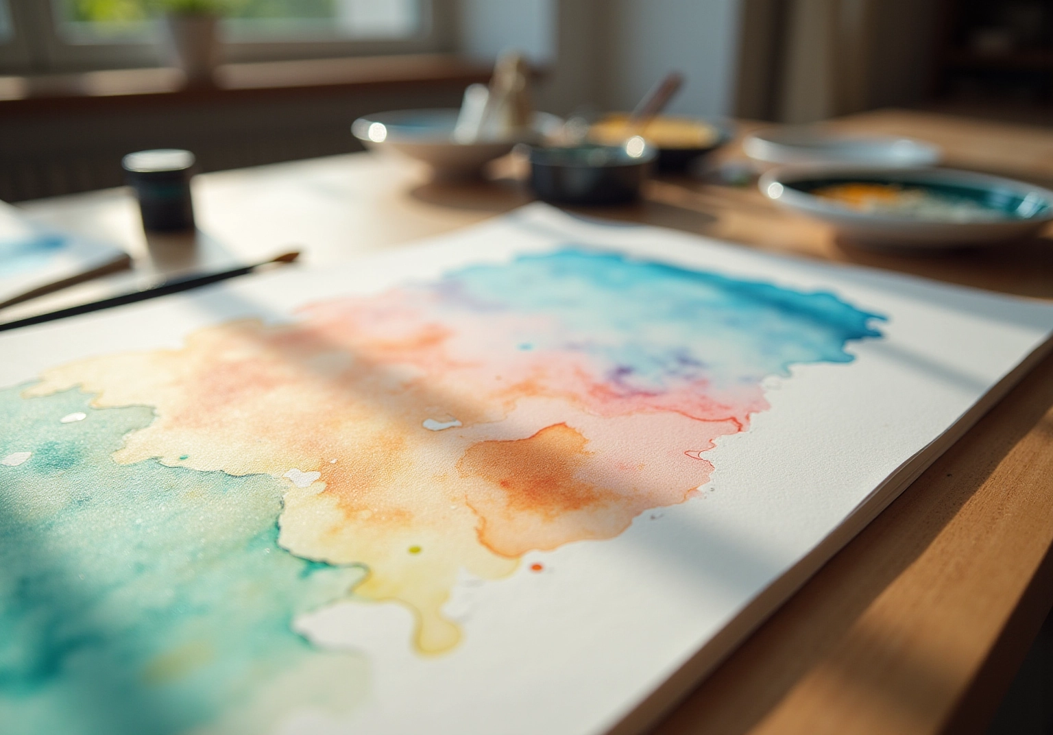 Creative Workspace with Thick Watercolor Paper Creative Workspace with Thick Watercolor Paper
