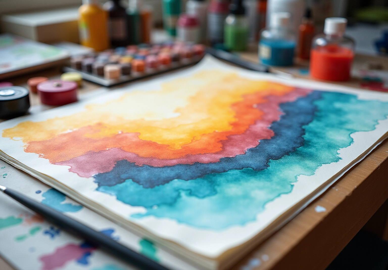 Creative Workspace with Thick Watercolor Paper Creative Workspace with Thick Watercolor Paper