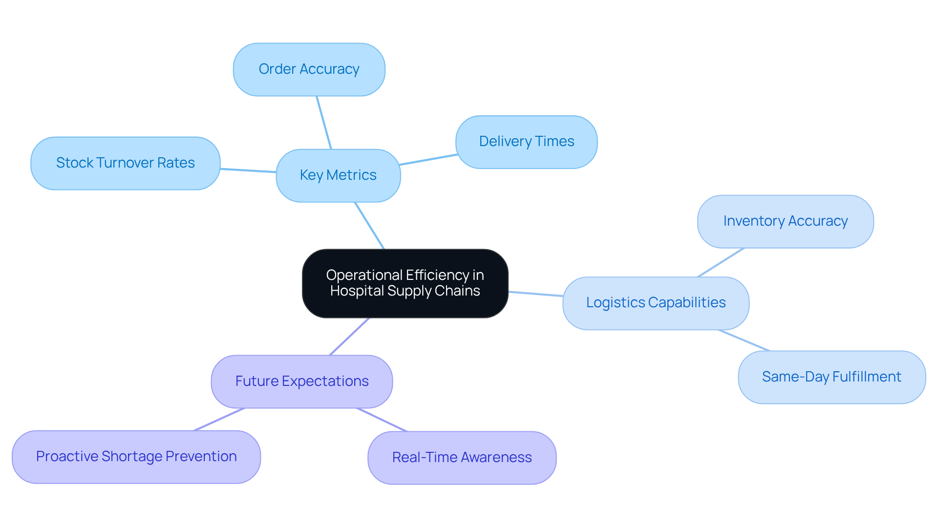 The center represents the main idea of operational efficiency, with branches showing important metrics, logistics capabilities, and future needs. Each branch helps you see how these elements connect and contribute to improving efficiency in healthcare.