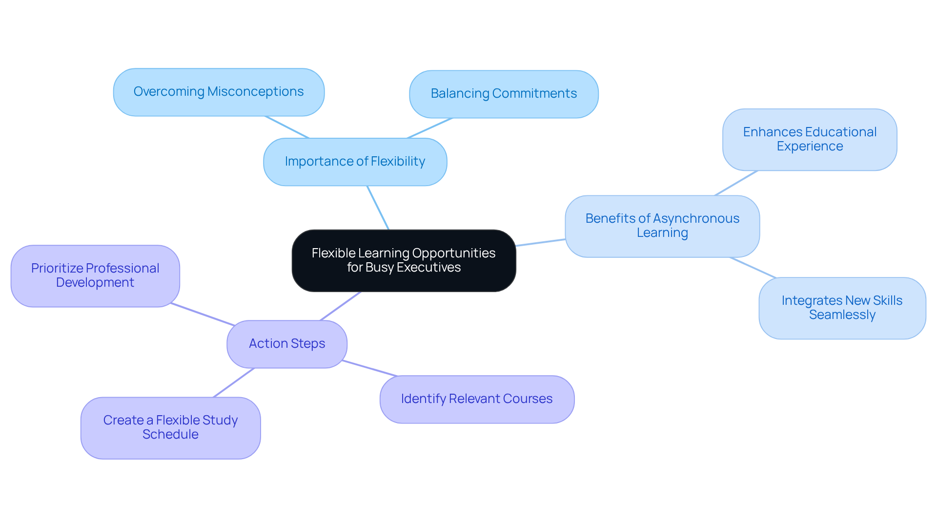 The central node represents the main theme of flexible learning. Each branch shows related ideas or actions, helping you see how they connect and support busy executives in their professional development.