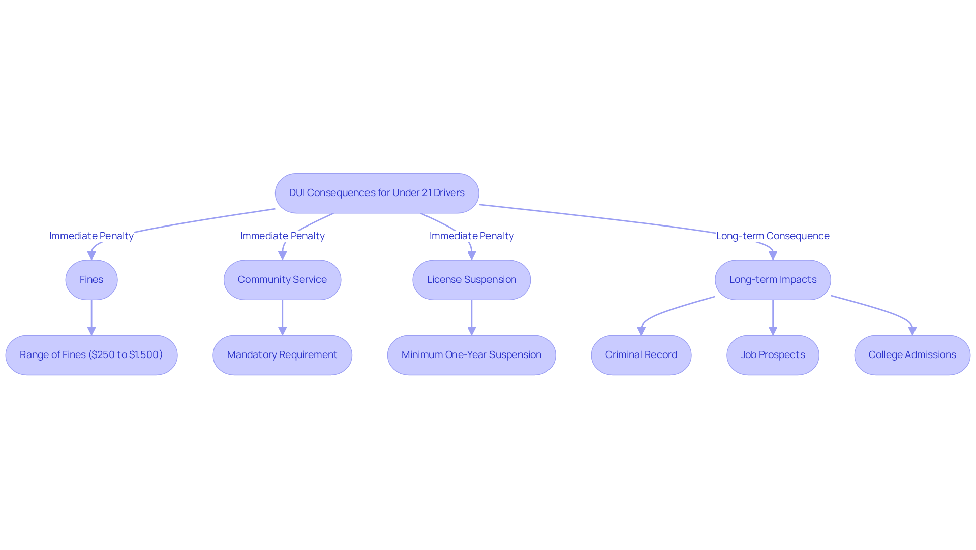 This flowchart shows the various consequences of a DUI for young drivers. Start at the top with the main issue, then follow the arrows to see the immediate penalties like fines and community service, and how they connect to longer-term effects like job prospects and college admissions.