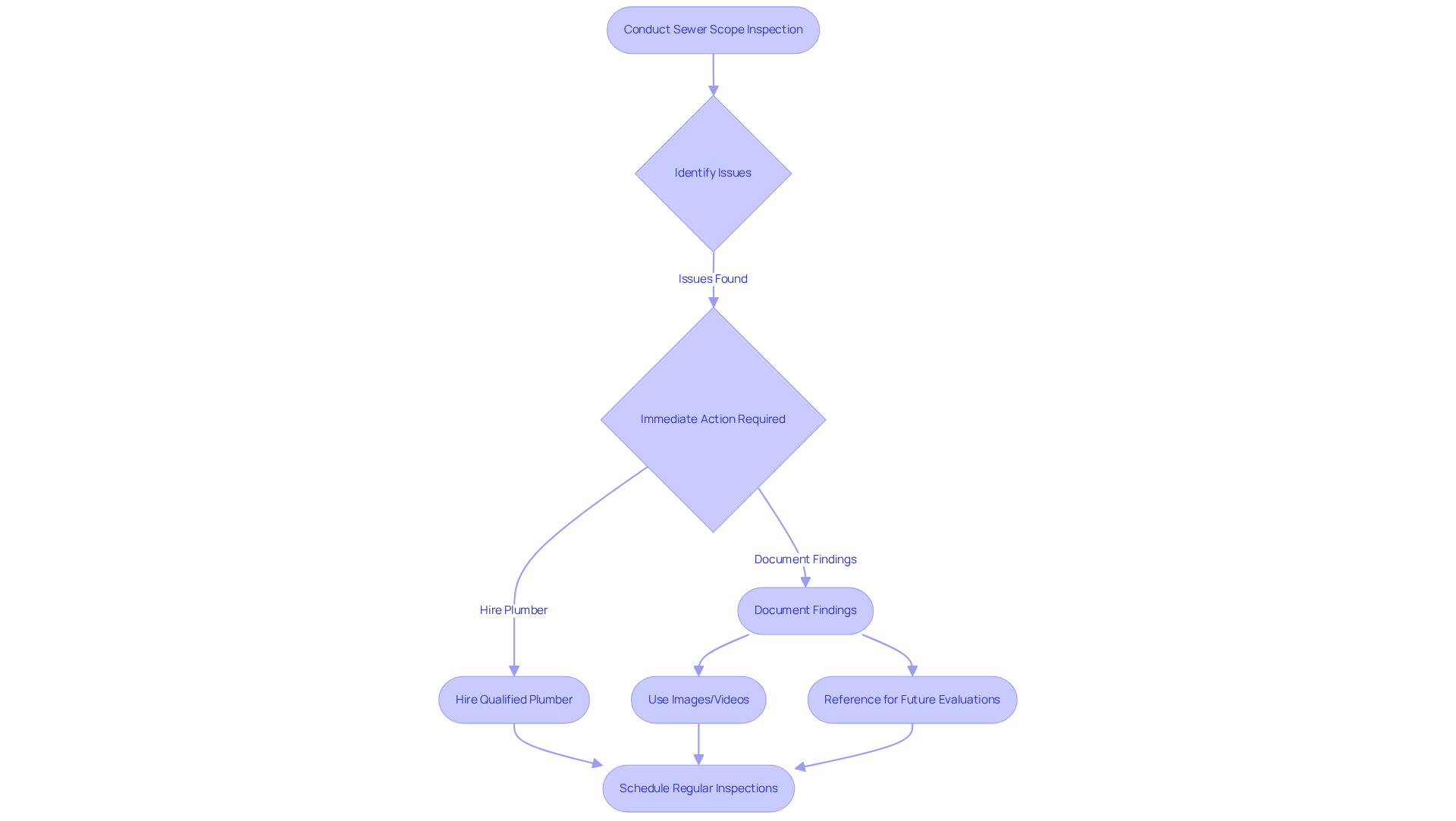 This flowchart guides you through the steps to take after a sewer inspection. Start with the inspection, identify any issues, and follow the arrows to see what actions to take next, including hiring help and documenting your findings.